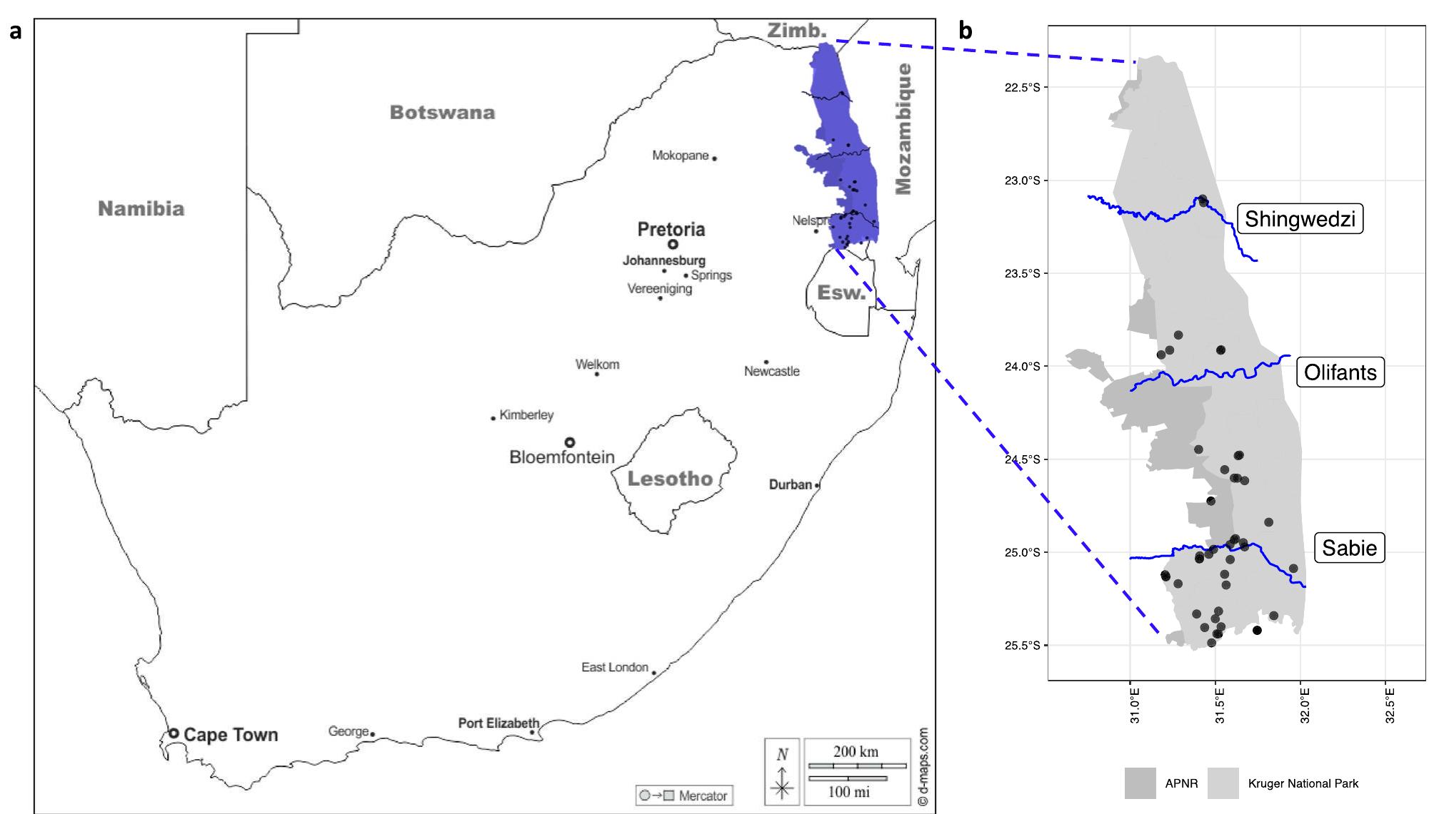 A map of south africa (a), and the kruger national park