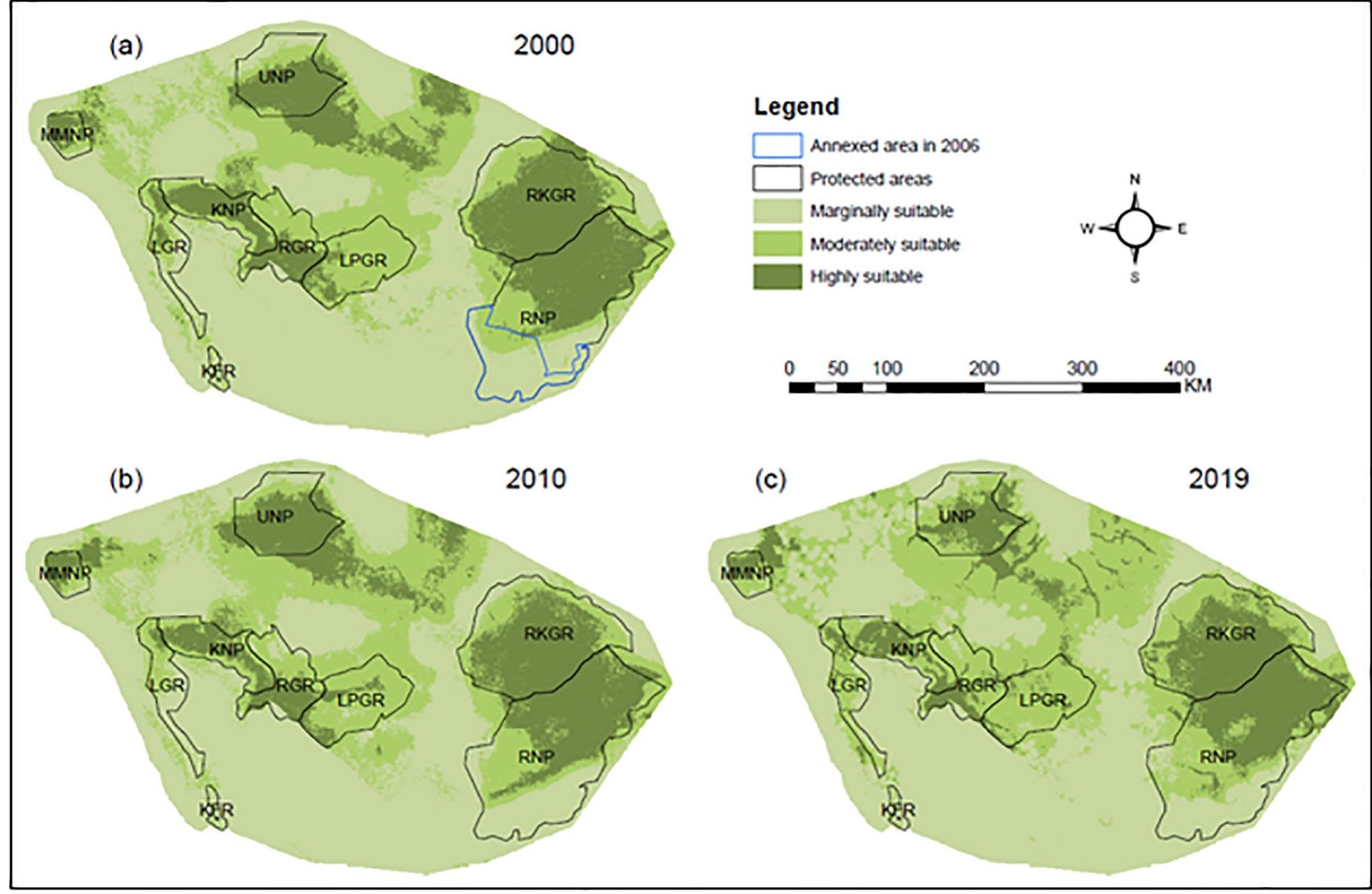 Map of habitat suitability, indicating spatial and temporal