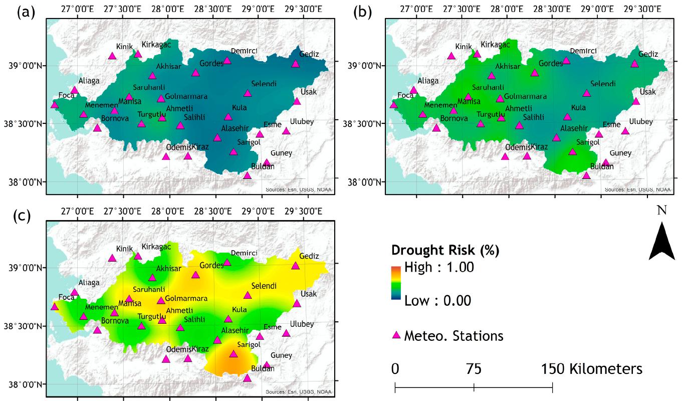 Drought risk maps of (a) 3-month, (b) 6-month, and (c)
