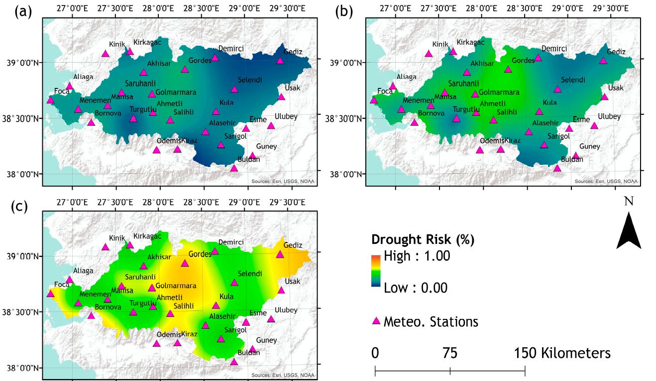 Drought risk maps of (a) 3-month, (b) 6-month, and (c)