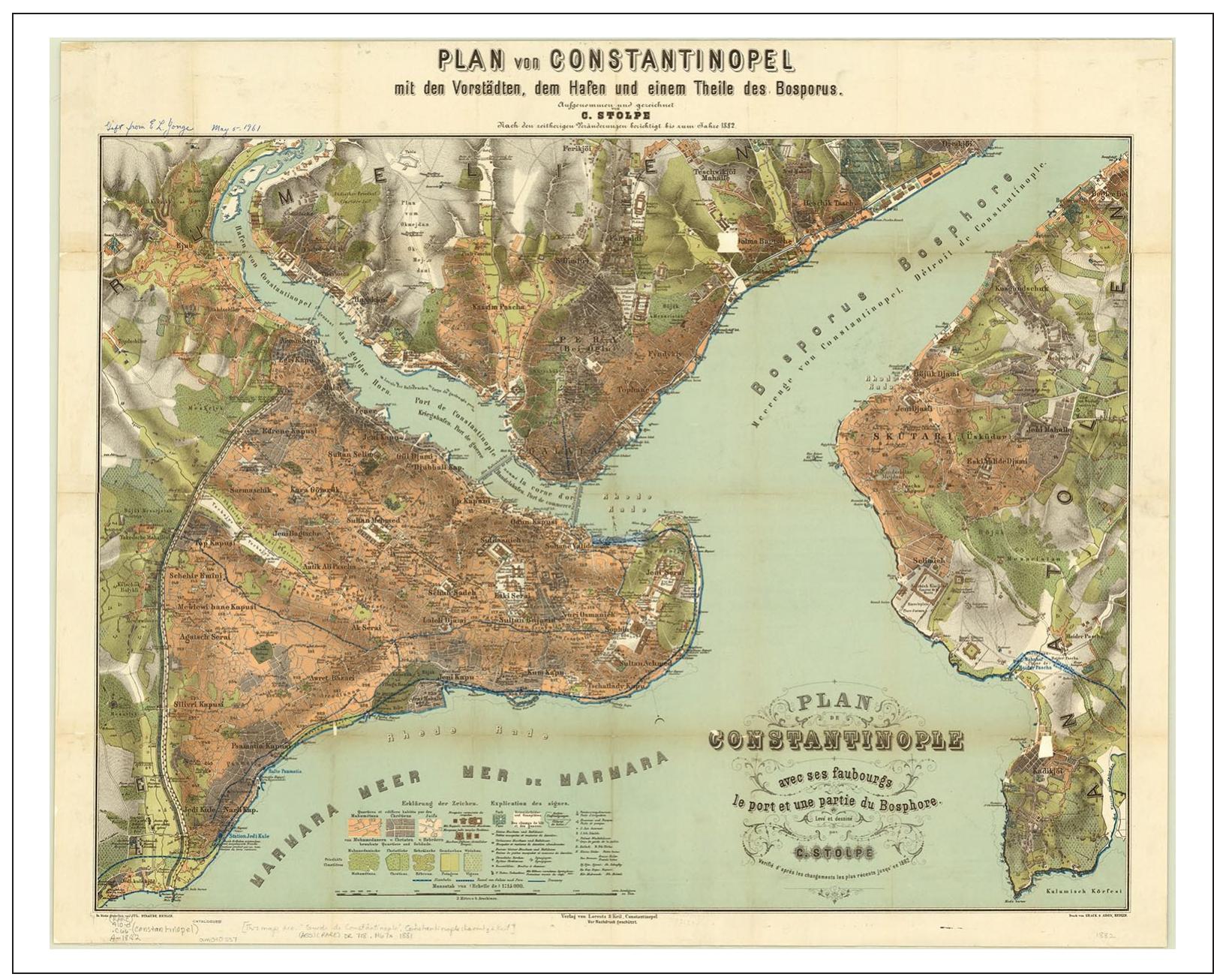 |. plan de constantinople, avec ses faubourgs, le port et