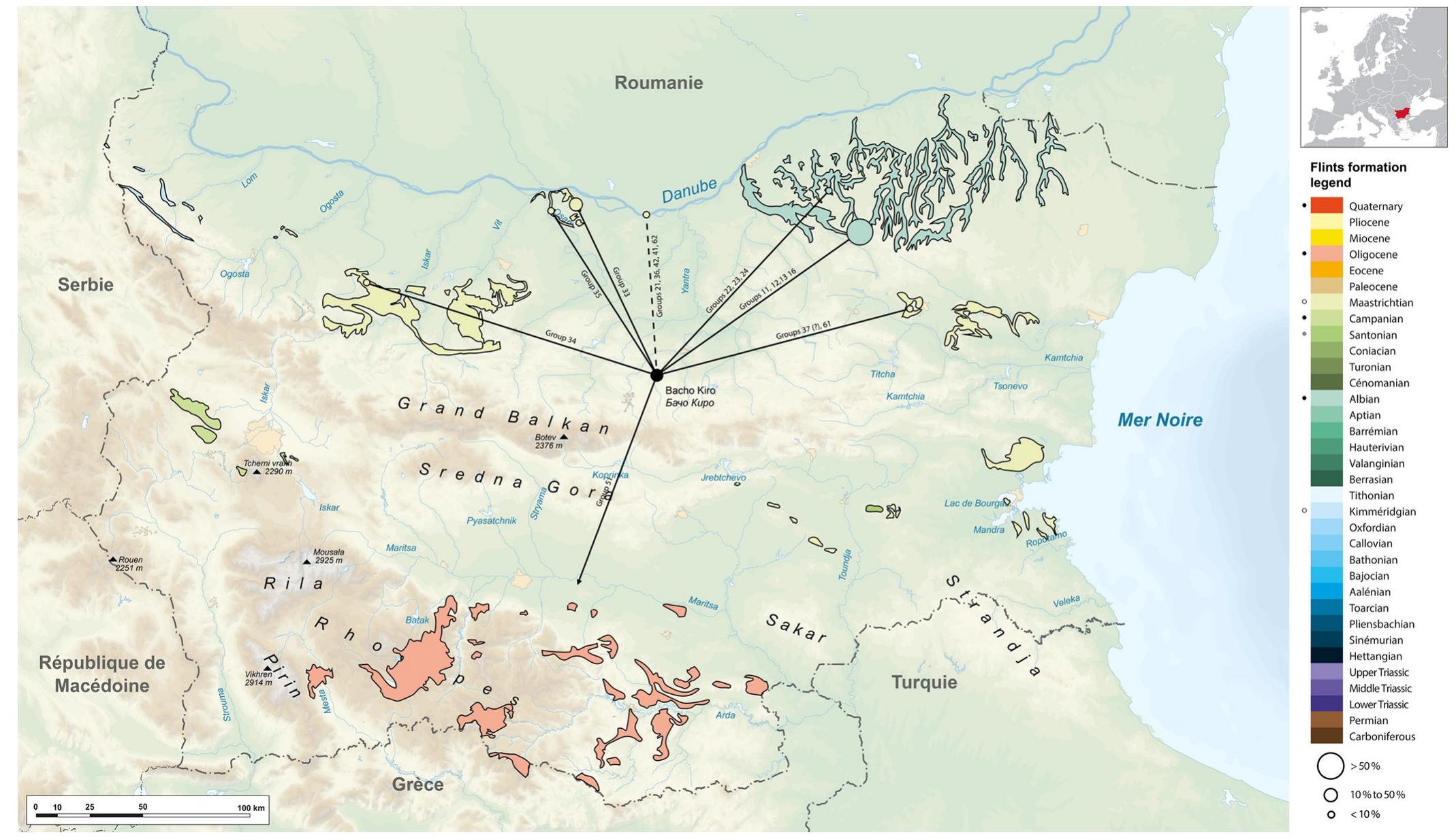Map of bulgaria with the location of bacho kiro cave and raw