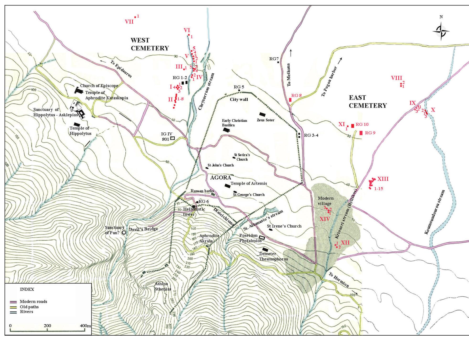Map of ancient troizen indicating the locations of excavated