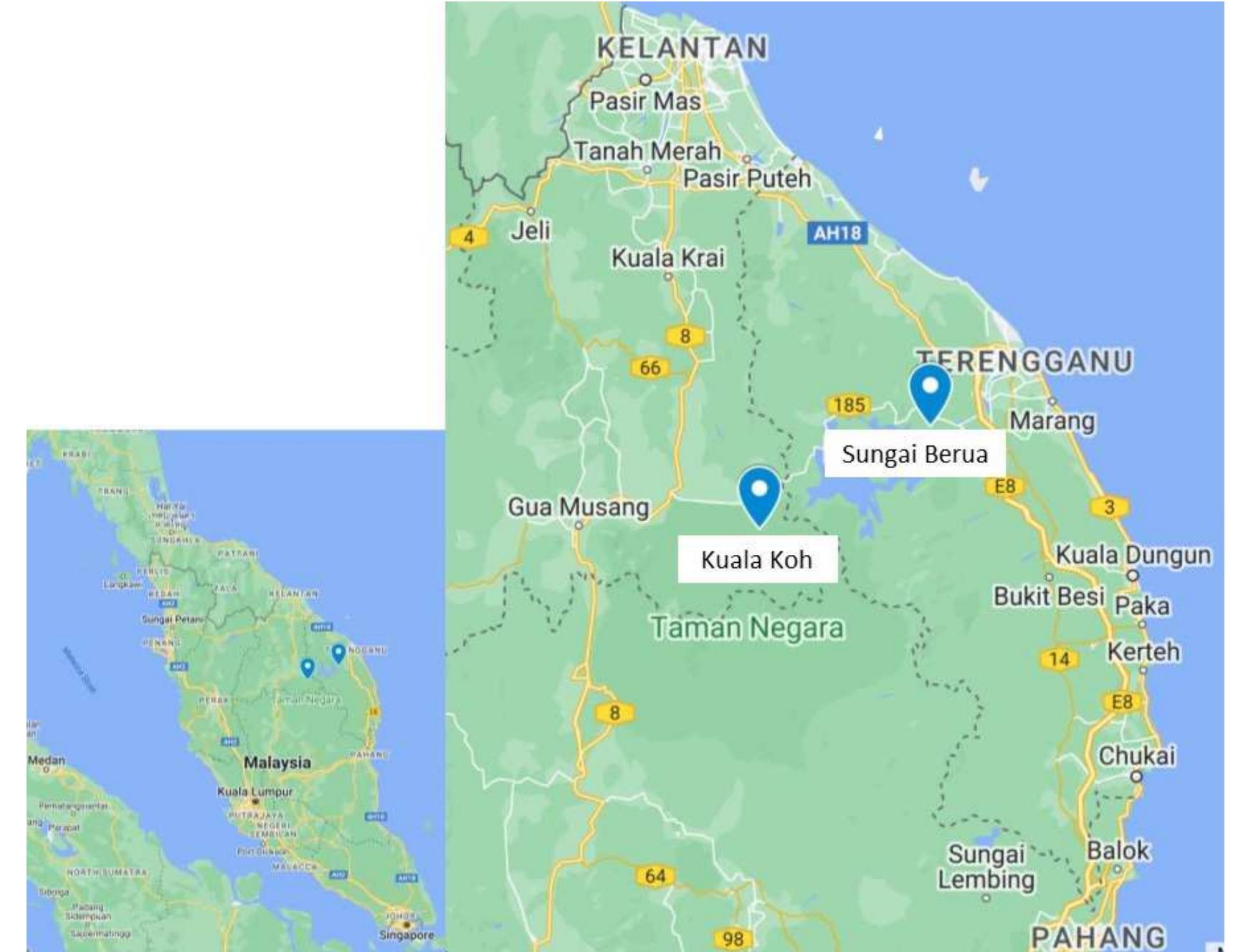Map of peninsular malaysia with a blue marker for the study