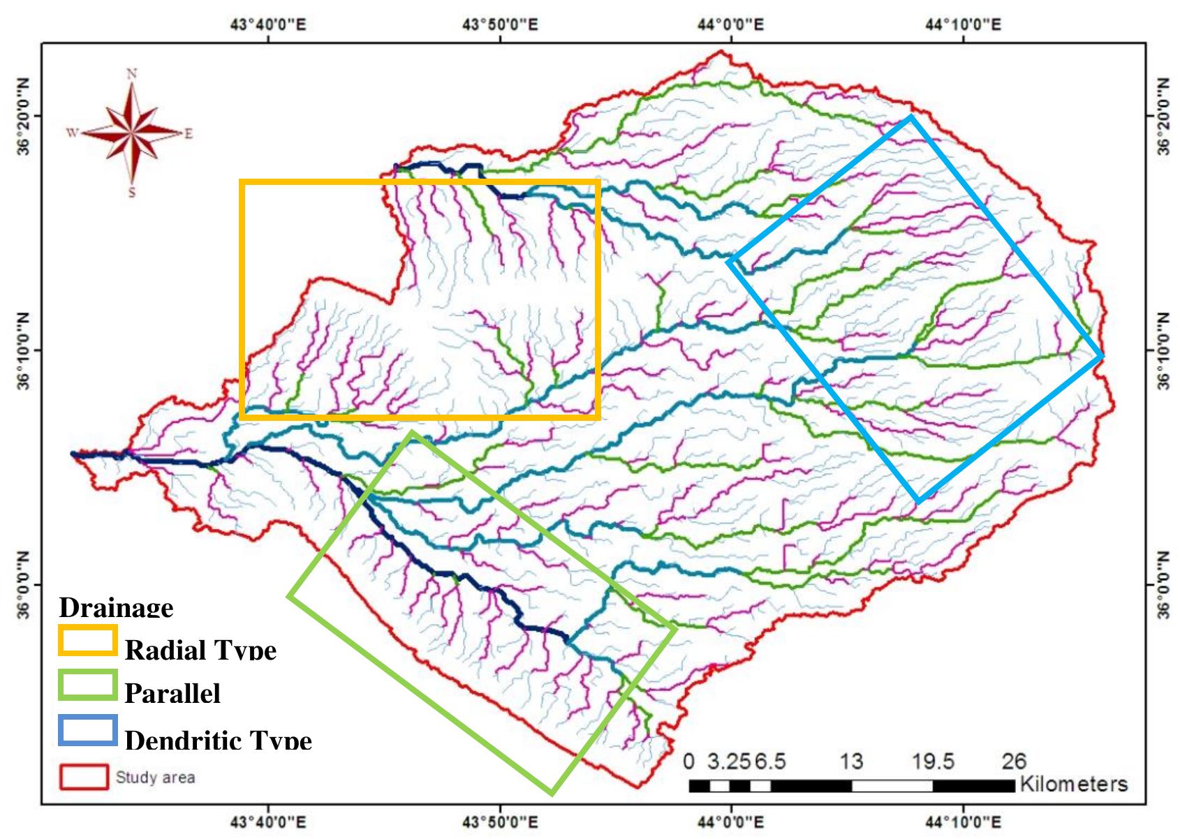 Map shows the different types of drainage patterns in the