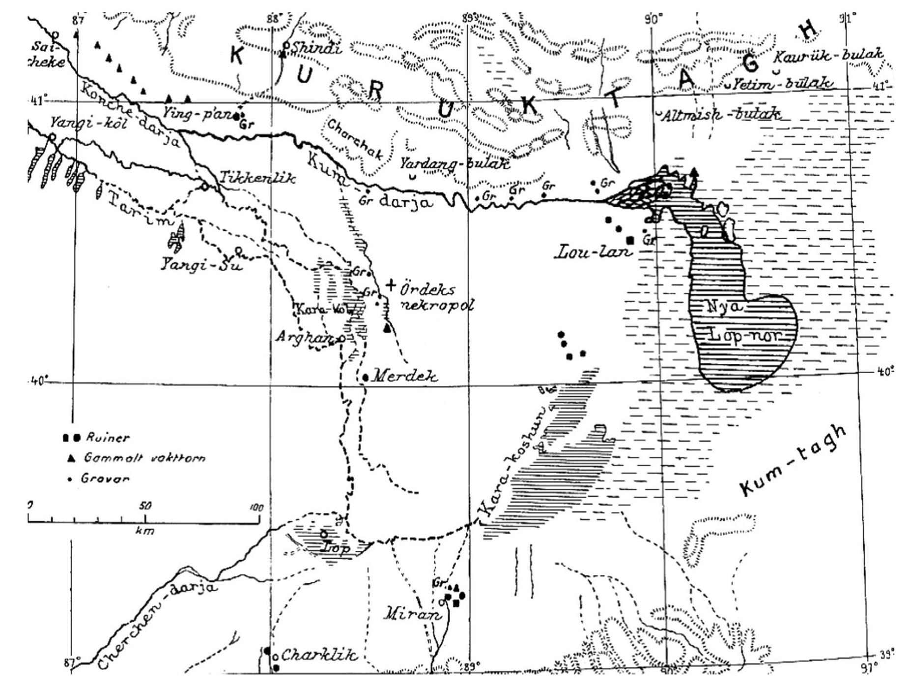 Map of the lop nor region by folke bergman, 1935.