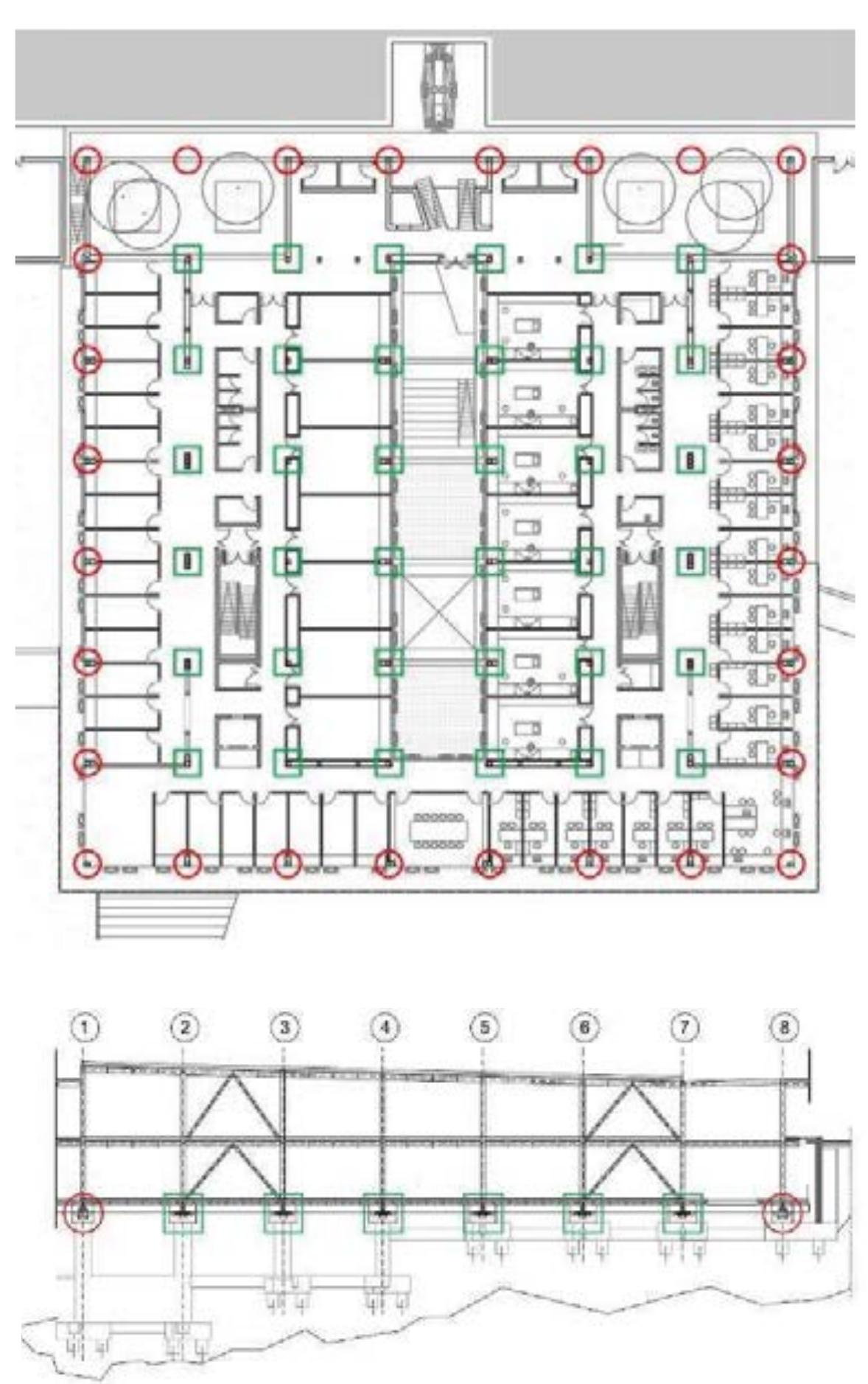 Plan view and longitudinal section of the building (red