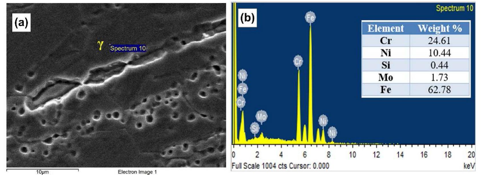 (a) sem image of nitronic steel (n50); (b) eds spectrum of