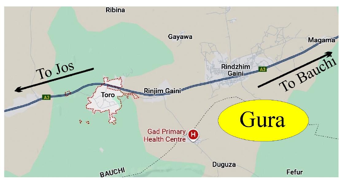 Map 1. approximate location of gura villages none of these