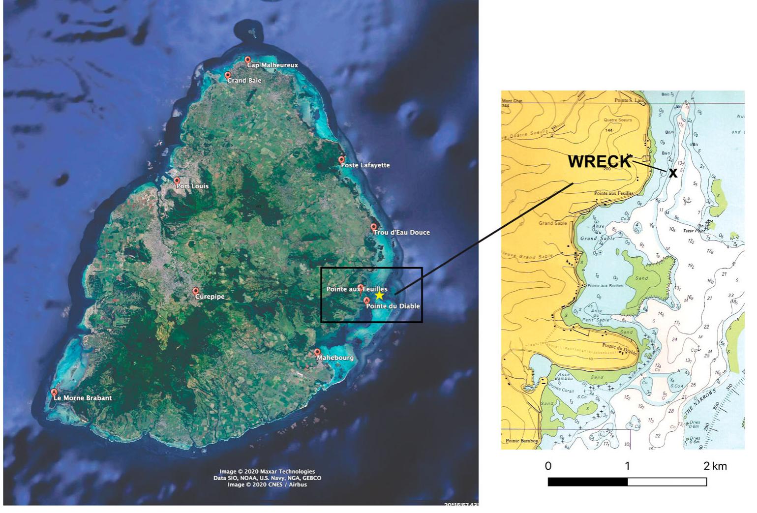 Google image of mauritius and nautical chart with the