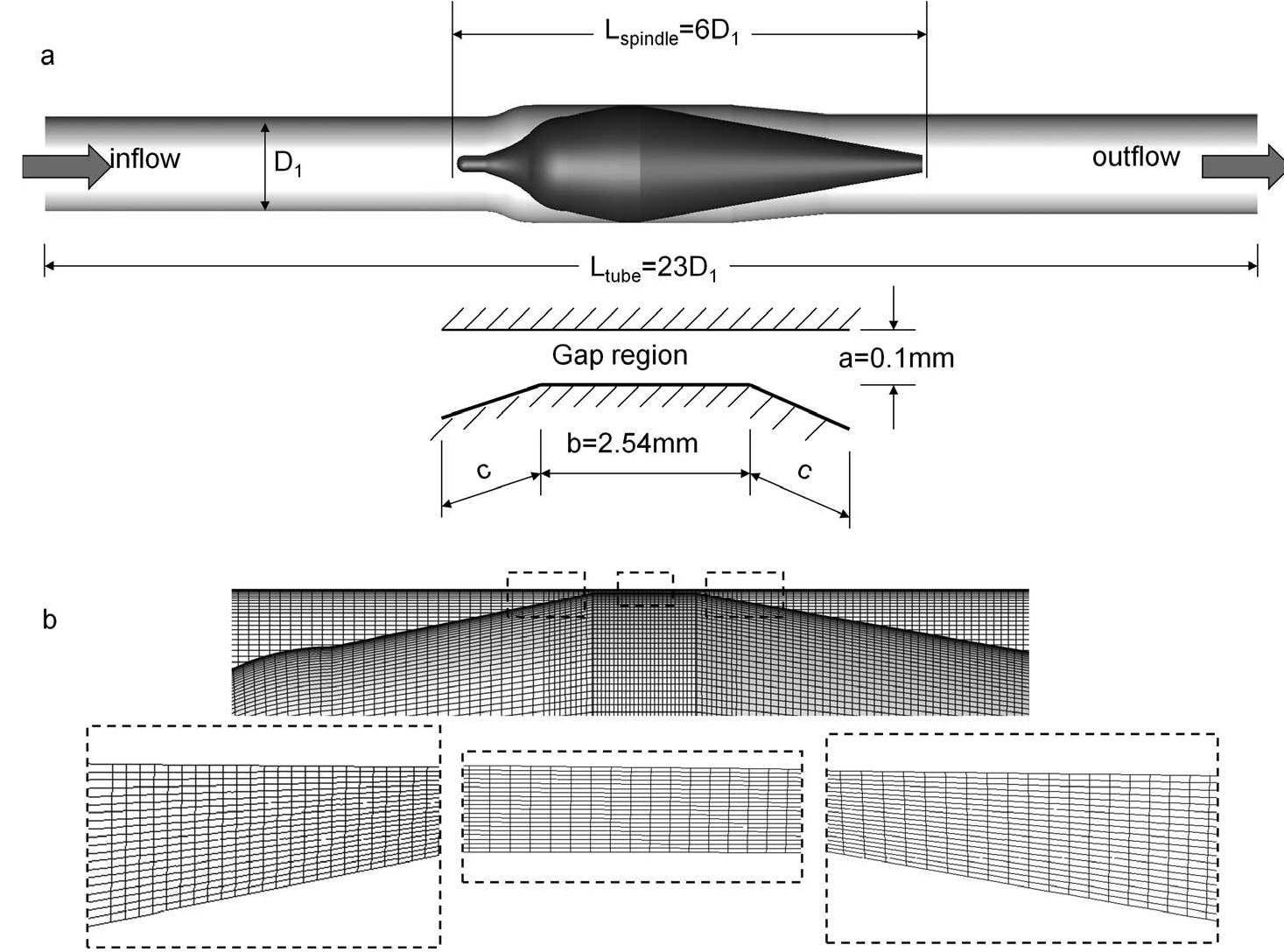 A: flow domain and dimensions of hemolyzer-h, and (b) sample