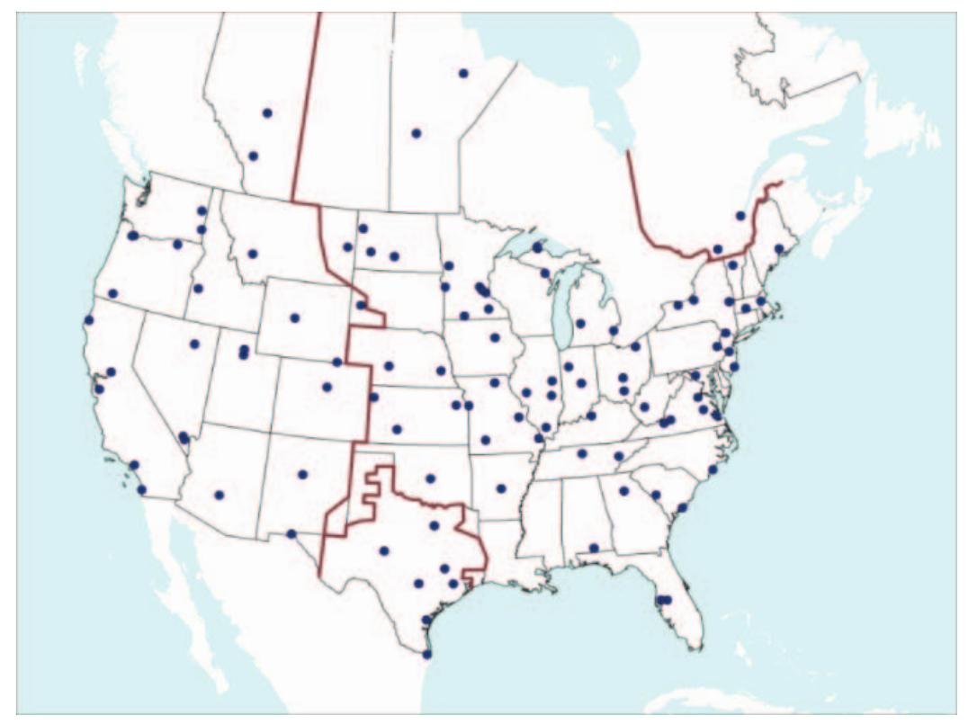 Map of fdr locations in north america. fnet/grideye has been