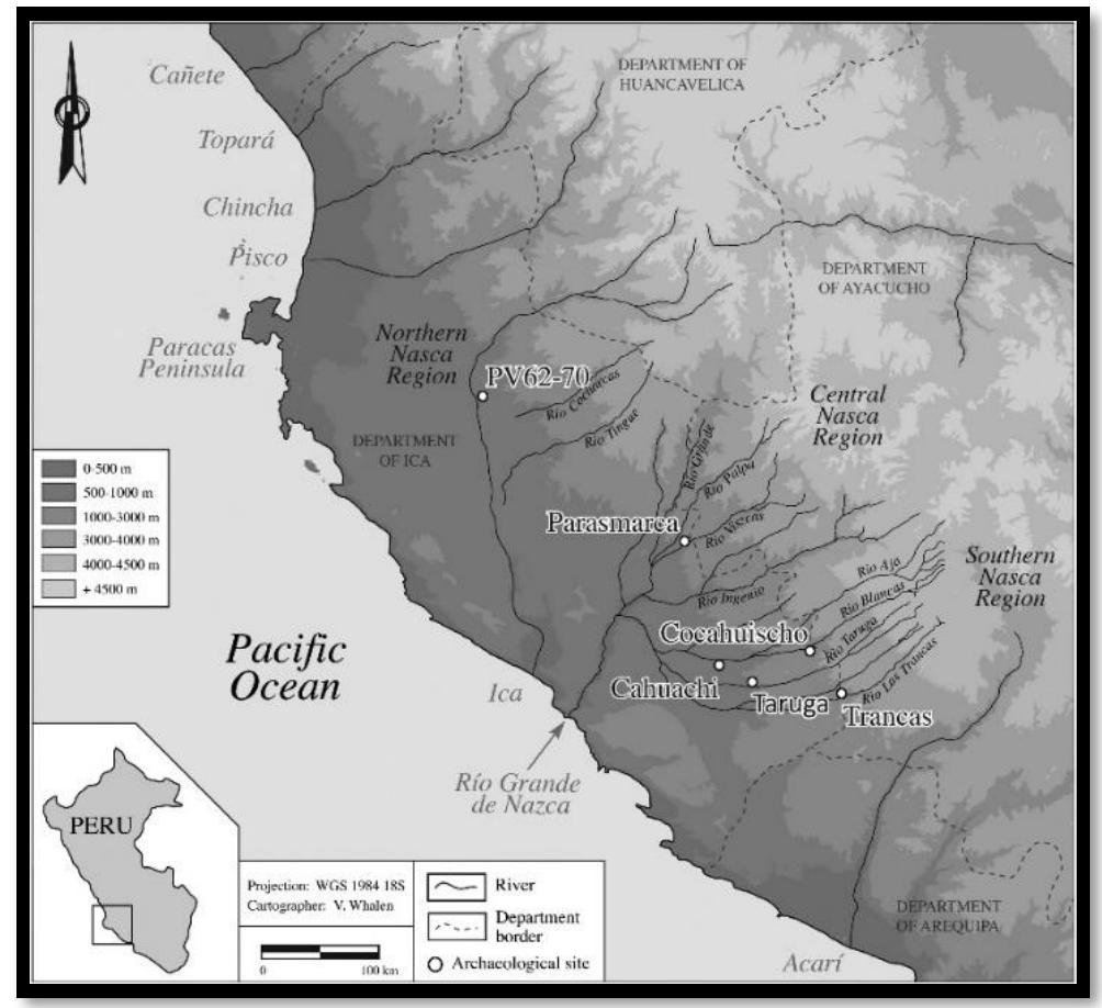 Map of the nasca region with the site of cocahuischo