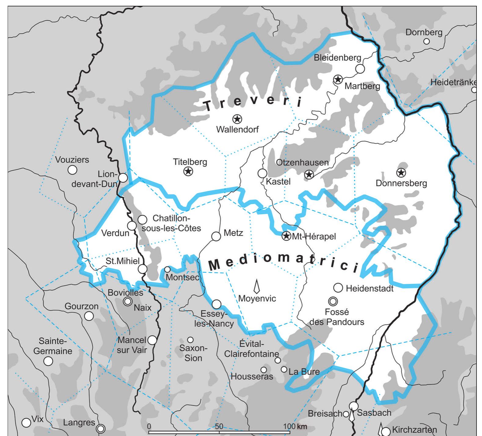 Map showing the central locations of the treveri and the