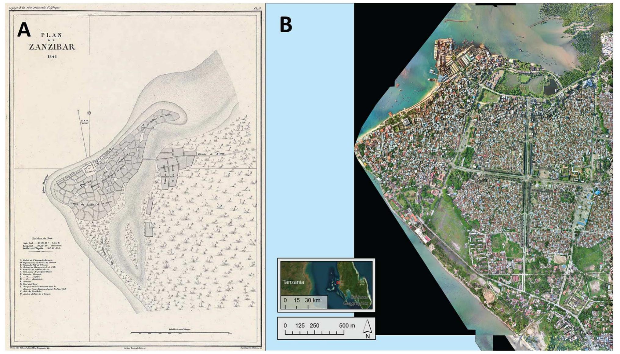 A) guillain’s map of zanzibar published in 4.0. 1856 and b)