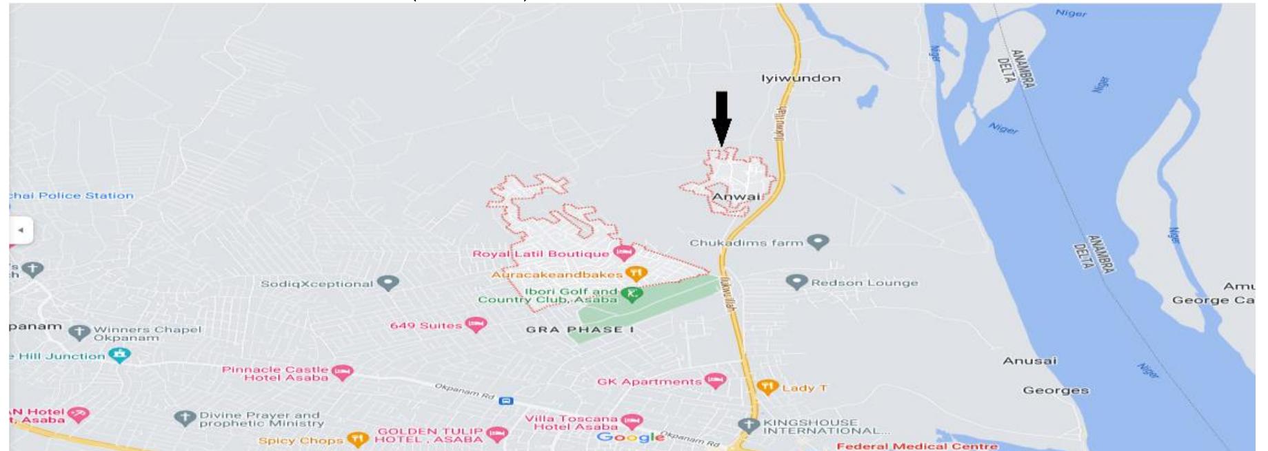 - 1: map showing anwai, asaba community (google map).