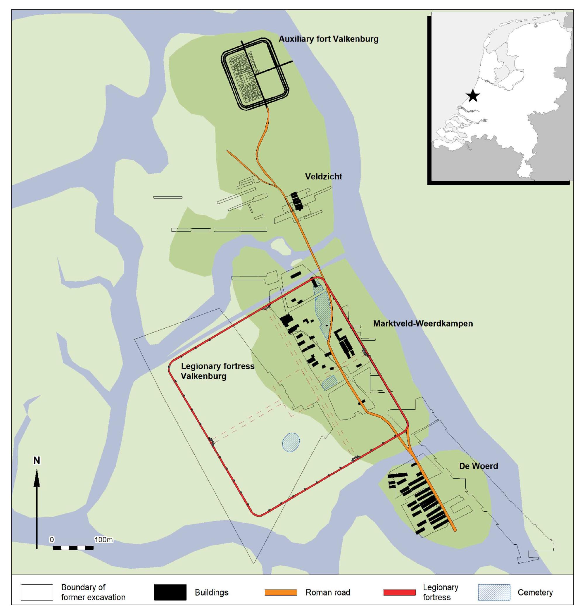 Map of the roman sites of valkenburg, zuid-holland (l. van