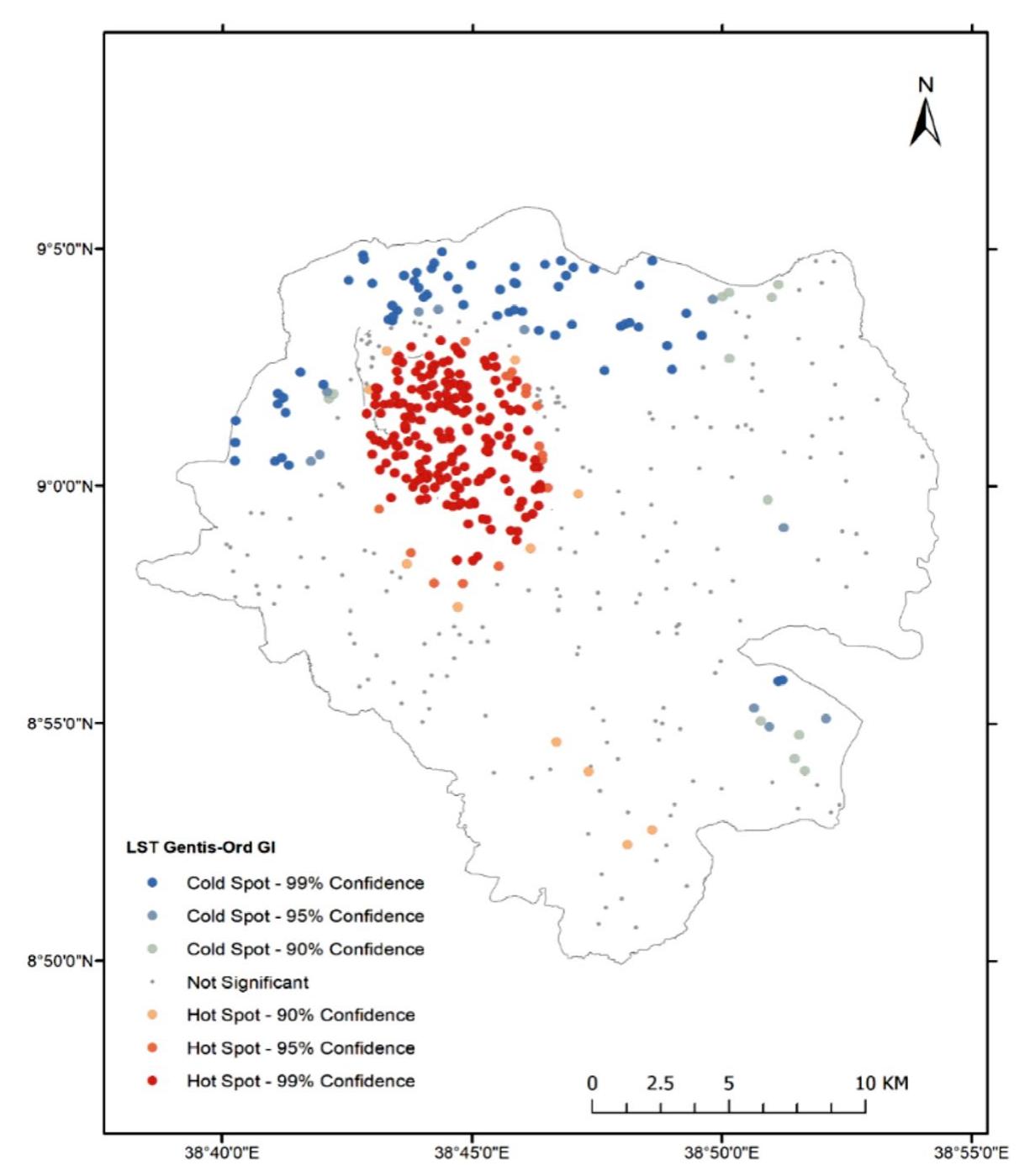 Map of lst hotspot using the gentis-ord gi* test. (map