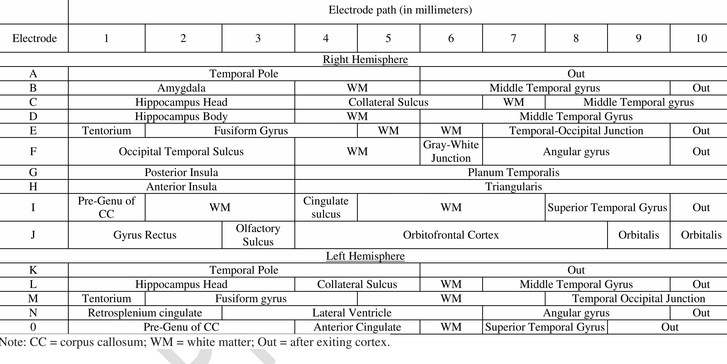 Electrode identification and path through cortex.
