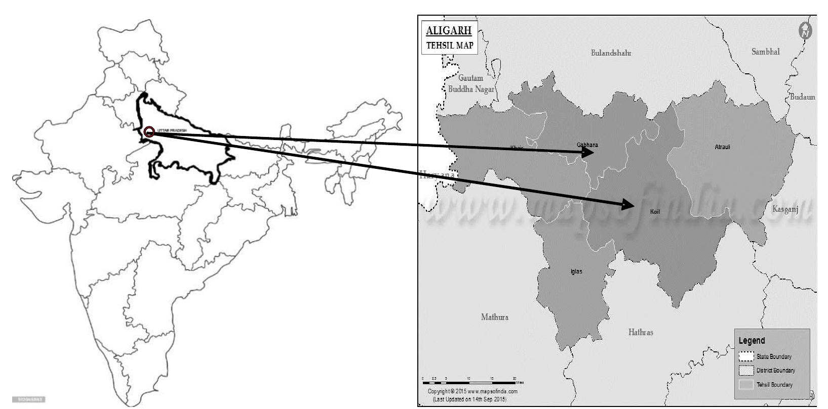 Map of india showing aligarh district (uttar pradesh)