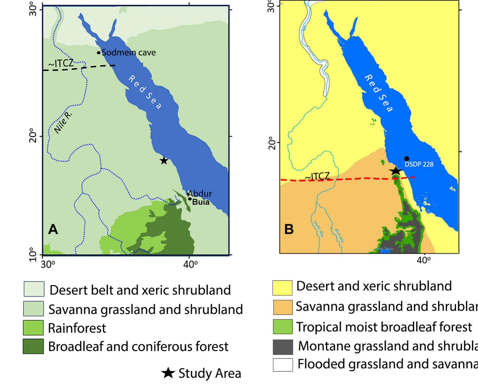 Habitat model of northeastern africa and the wprs: a) during