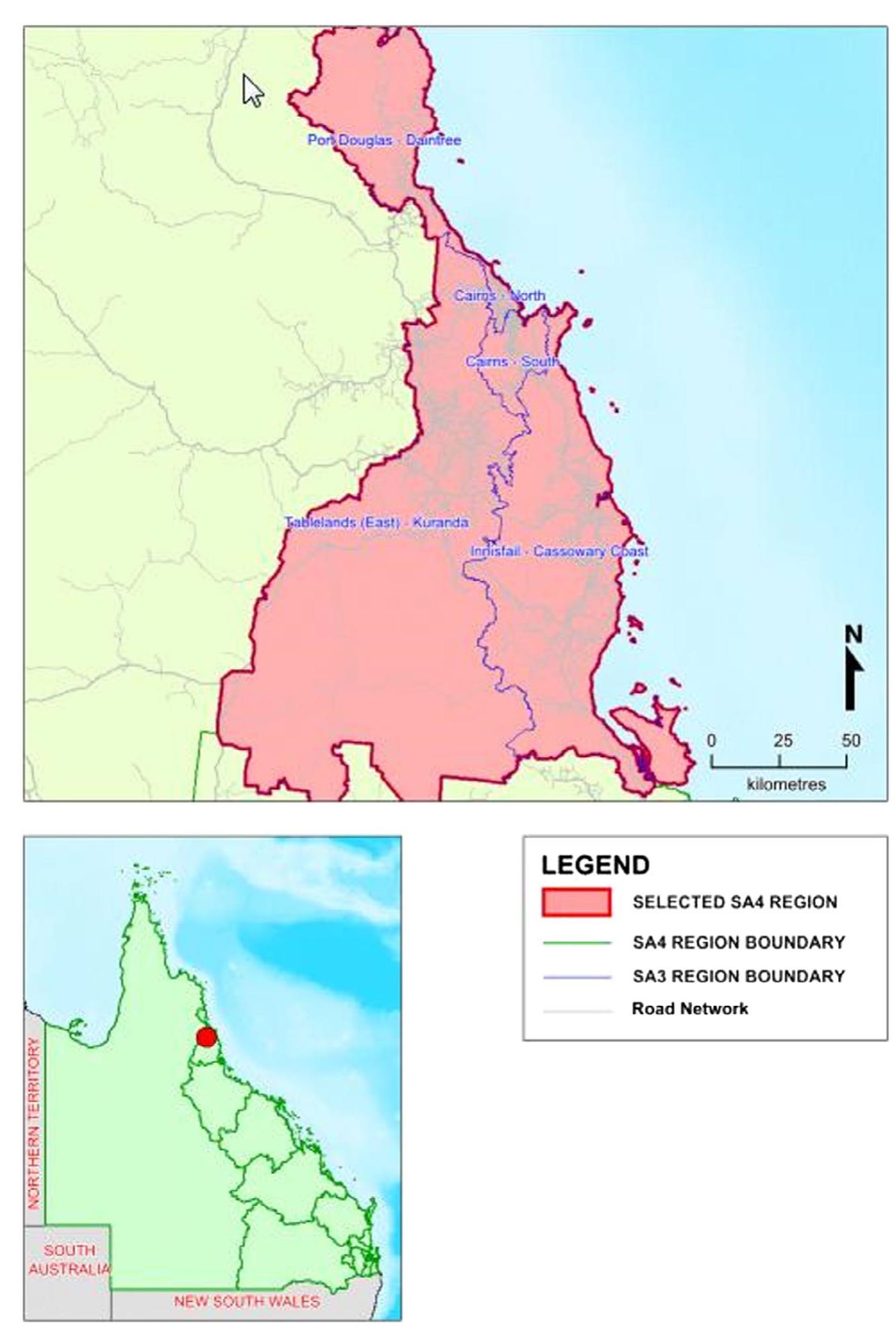 Map of atherton tablelands positioned in the wet tropics.