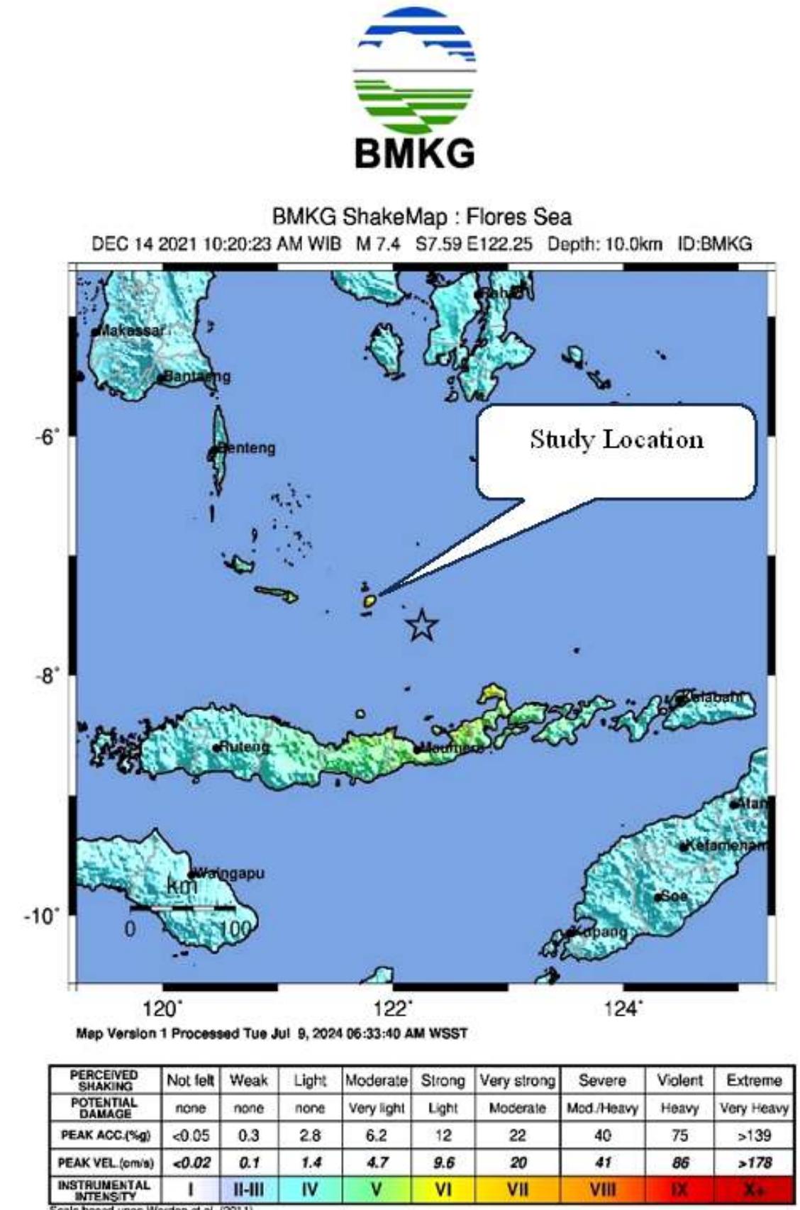 Shakemap of the epicenter of the flores laut earthquake on