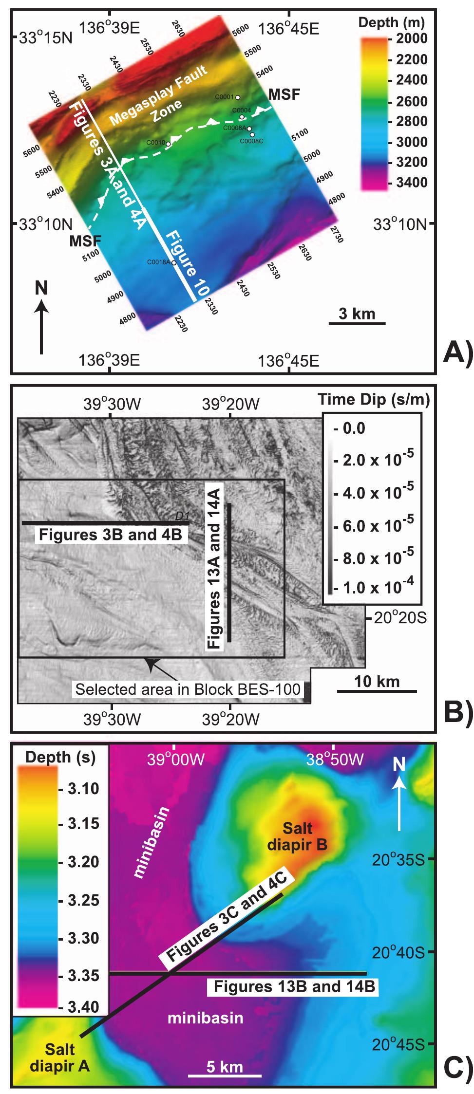 Location maps of the interpreted 3-d seismic volumes from