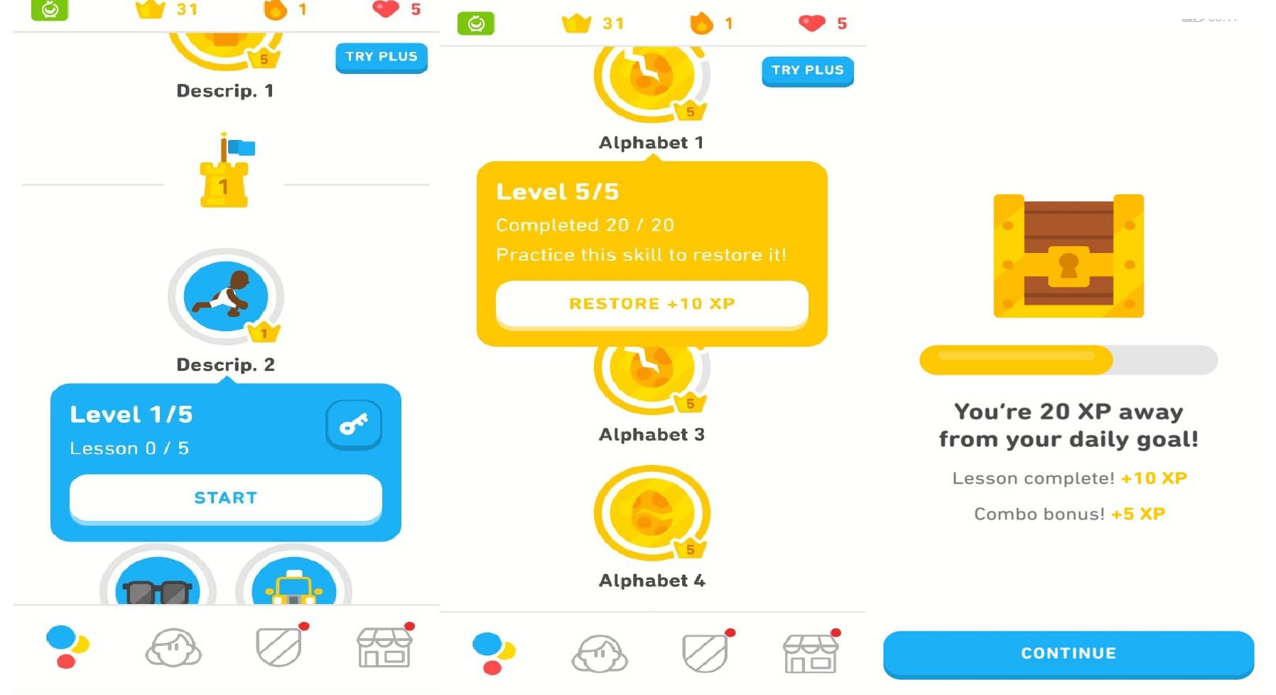 Duolingo’s screenshots: lessons & levels; “practice”