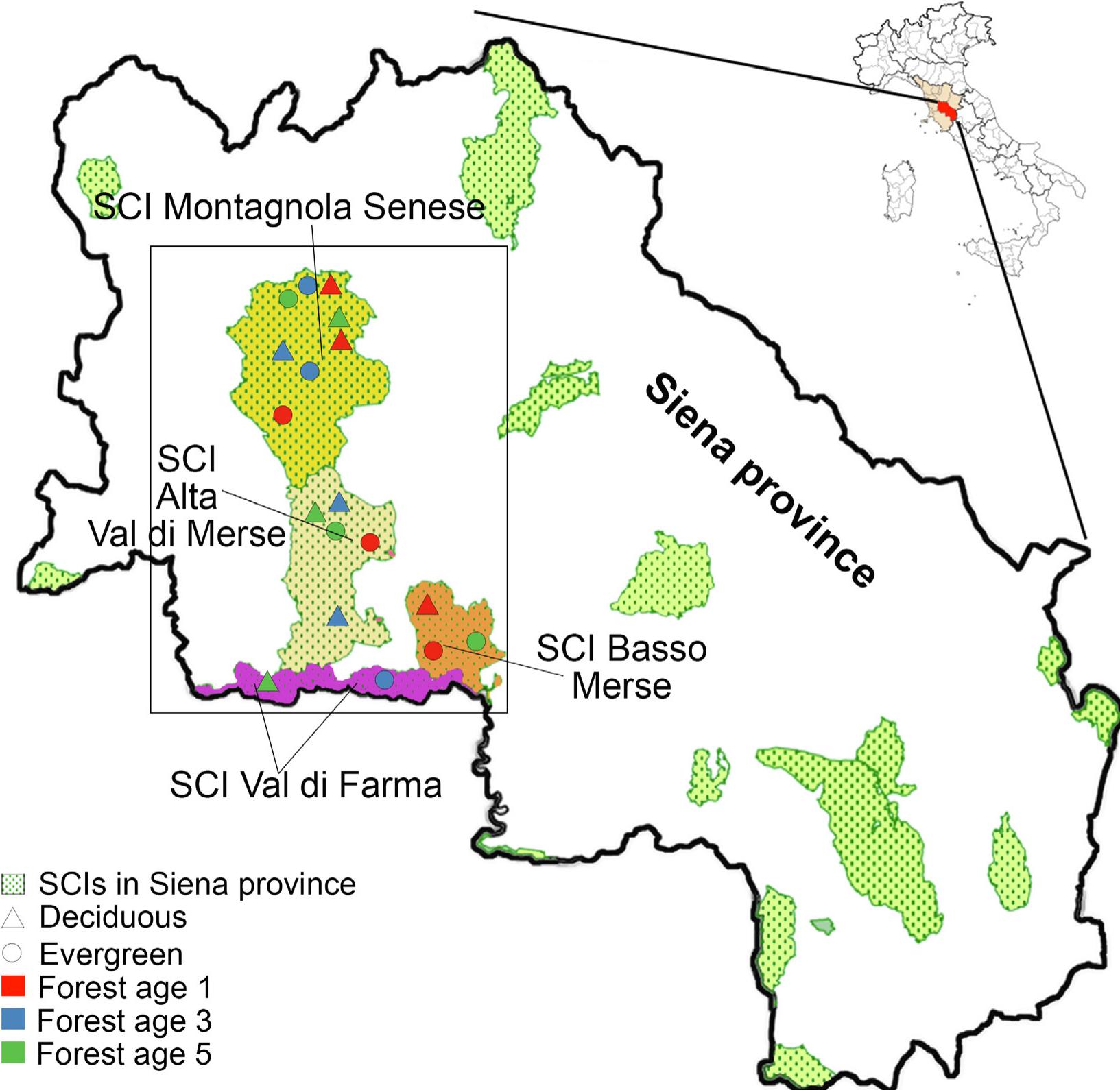 Study area. map of the 18 sampling units in four sites of