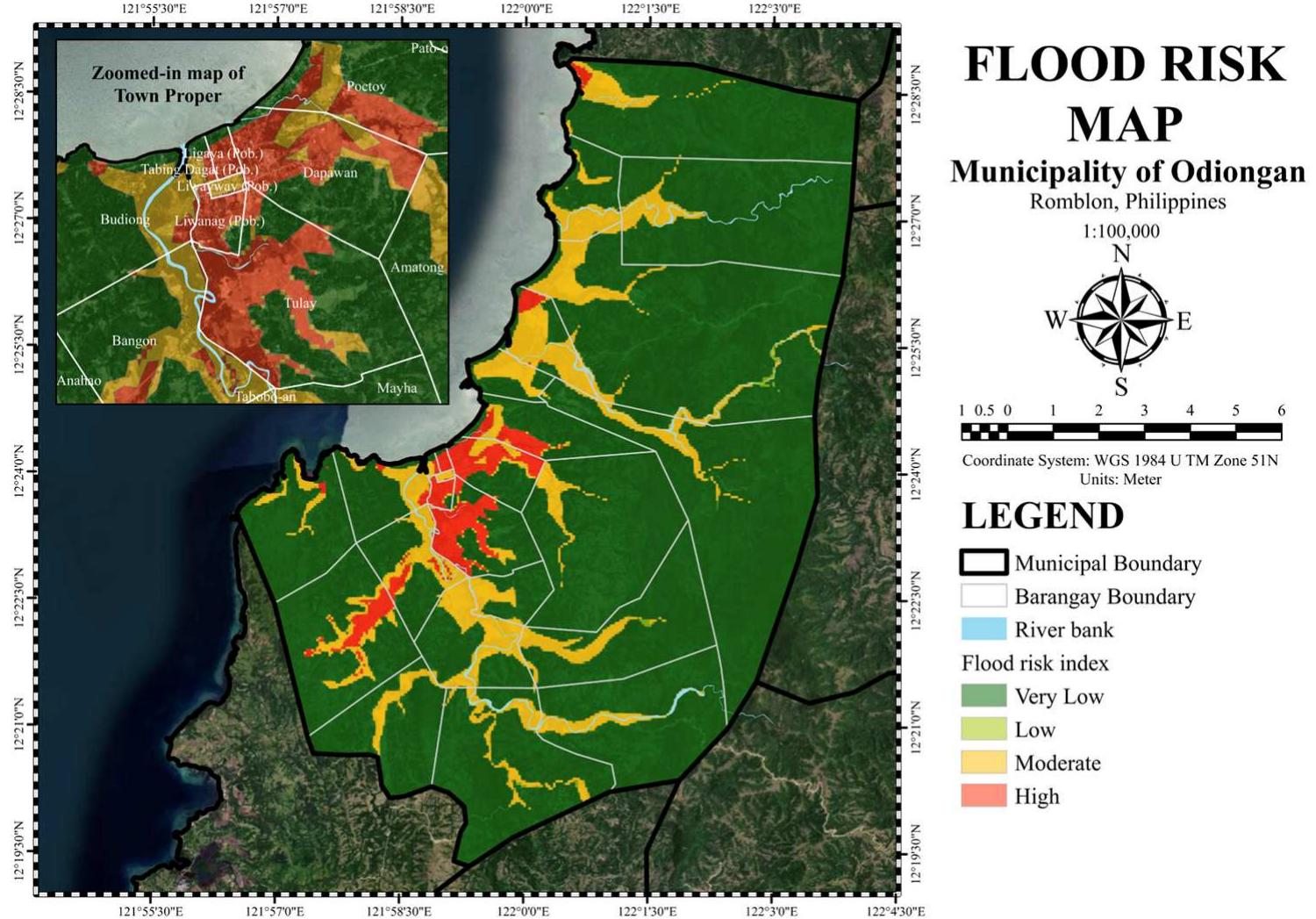 Imagery and flood risk map (50% transparency) with 1:50,000