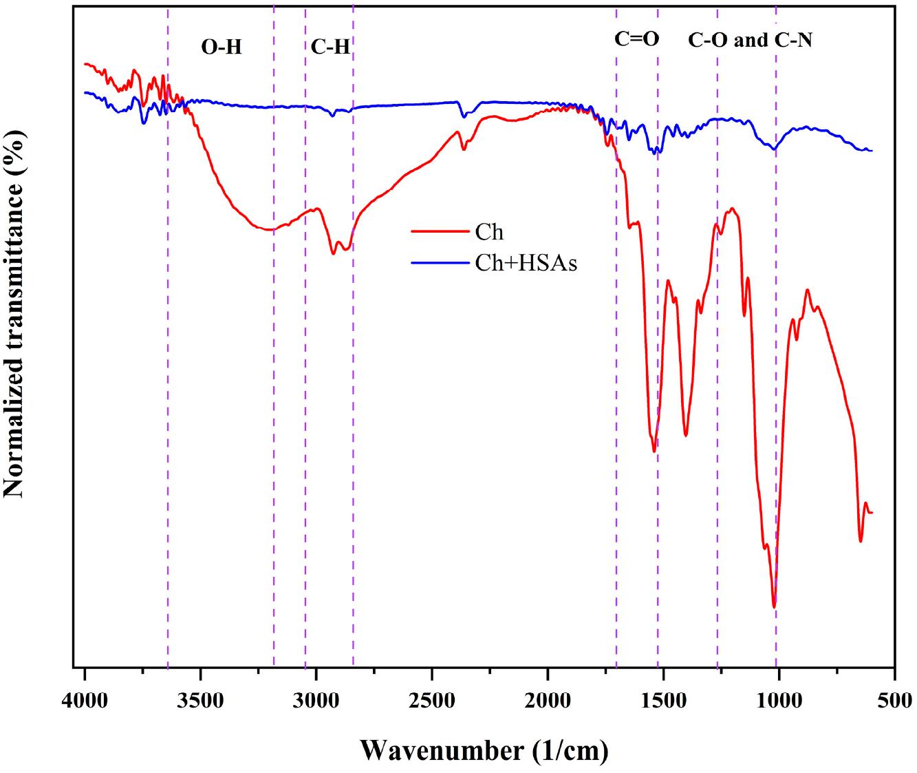 Ftir spectra of pure chitosan and hsa-loaded chitosan