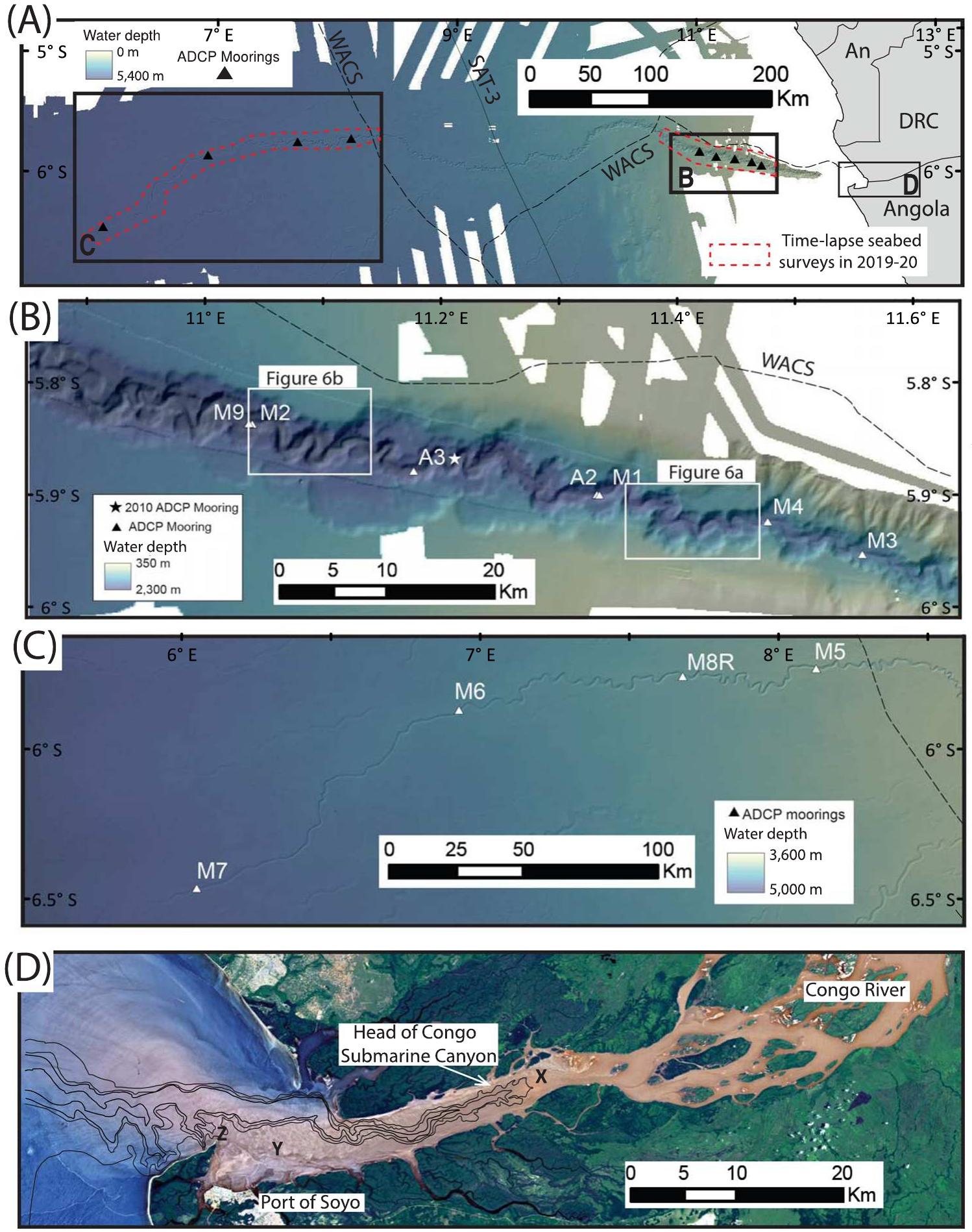 Location map of oceanographic moorings and telecommunication