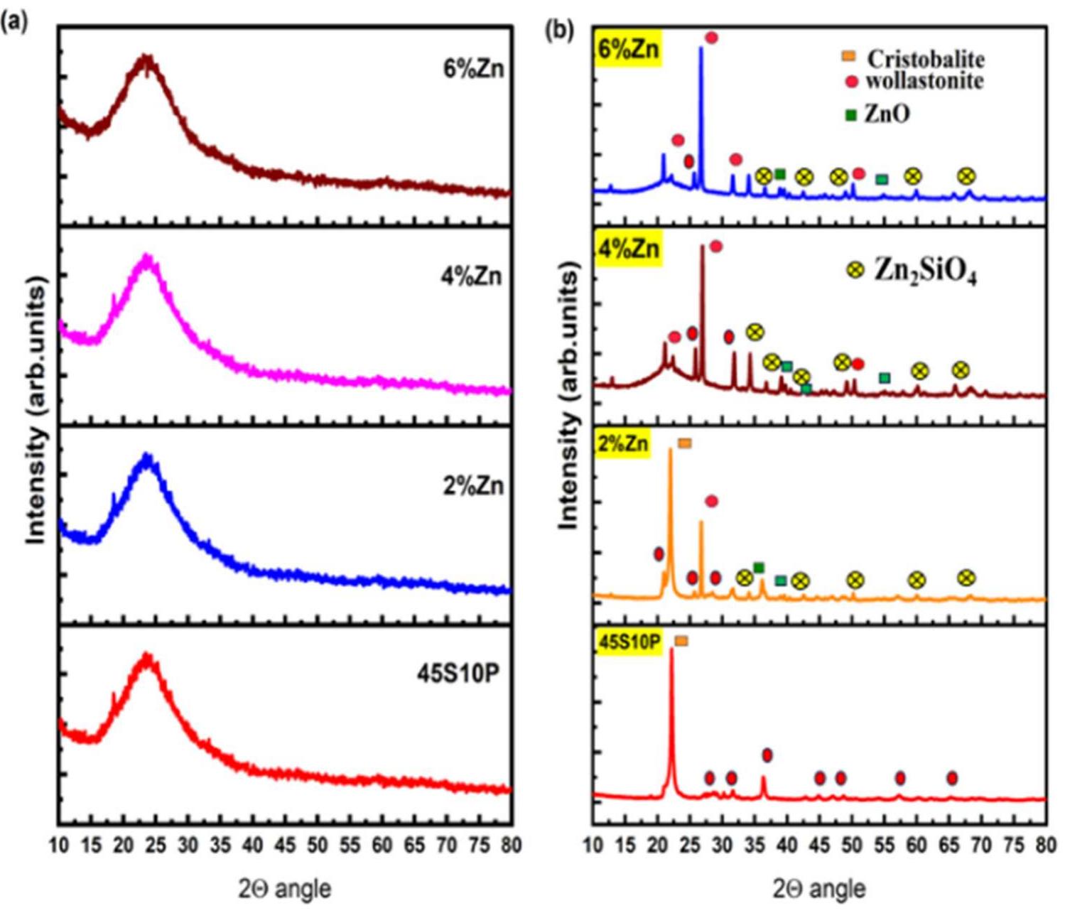 (a) xrd traces of 45s10p and zno doped bgc-nps (a) before