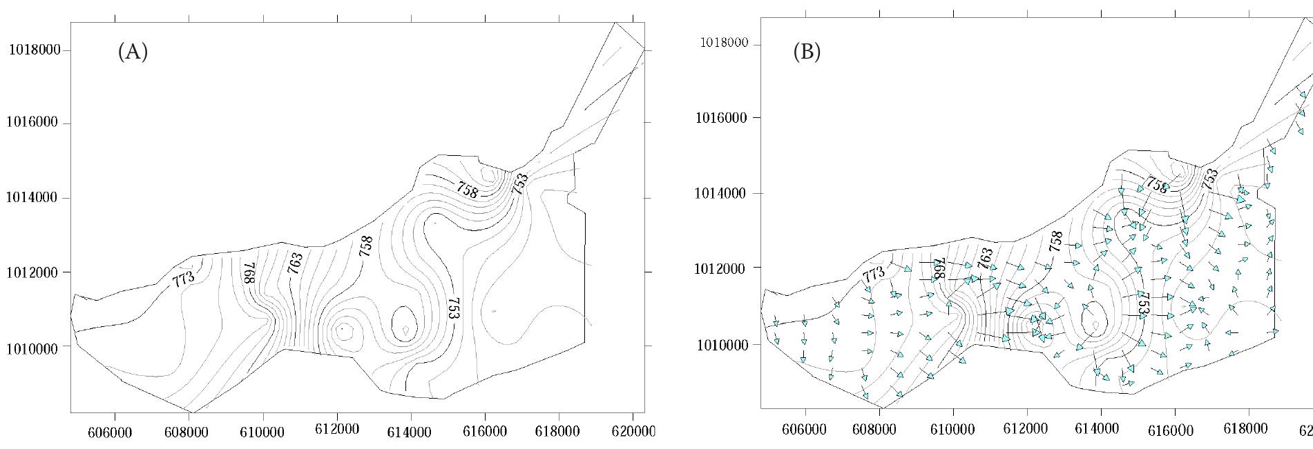 Groundwater table contour map (a) and groundwater flow