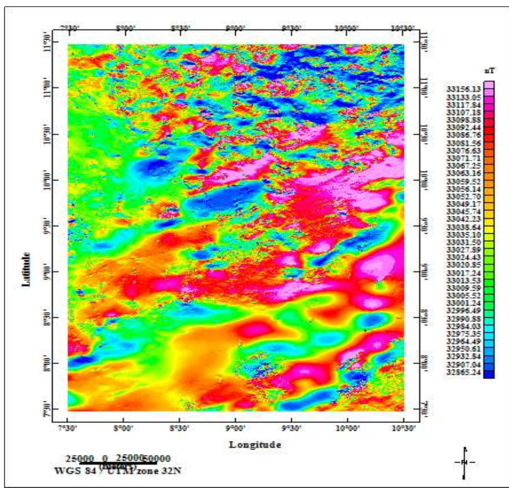 Total magnetic field intensity map of the study area. the