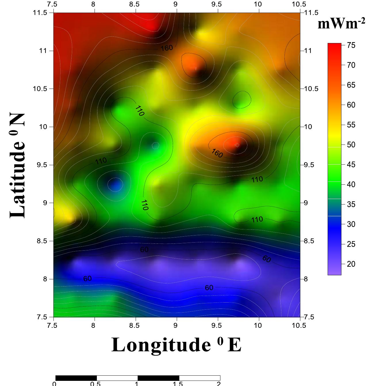 Heat flow map of the study area using surfer 8 software.