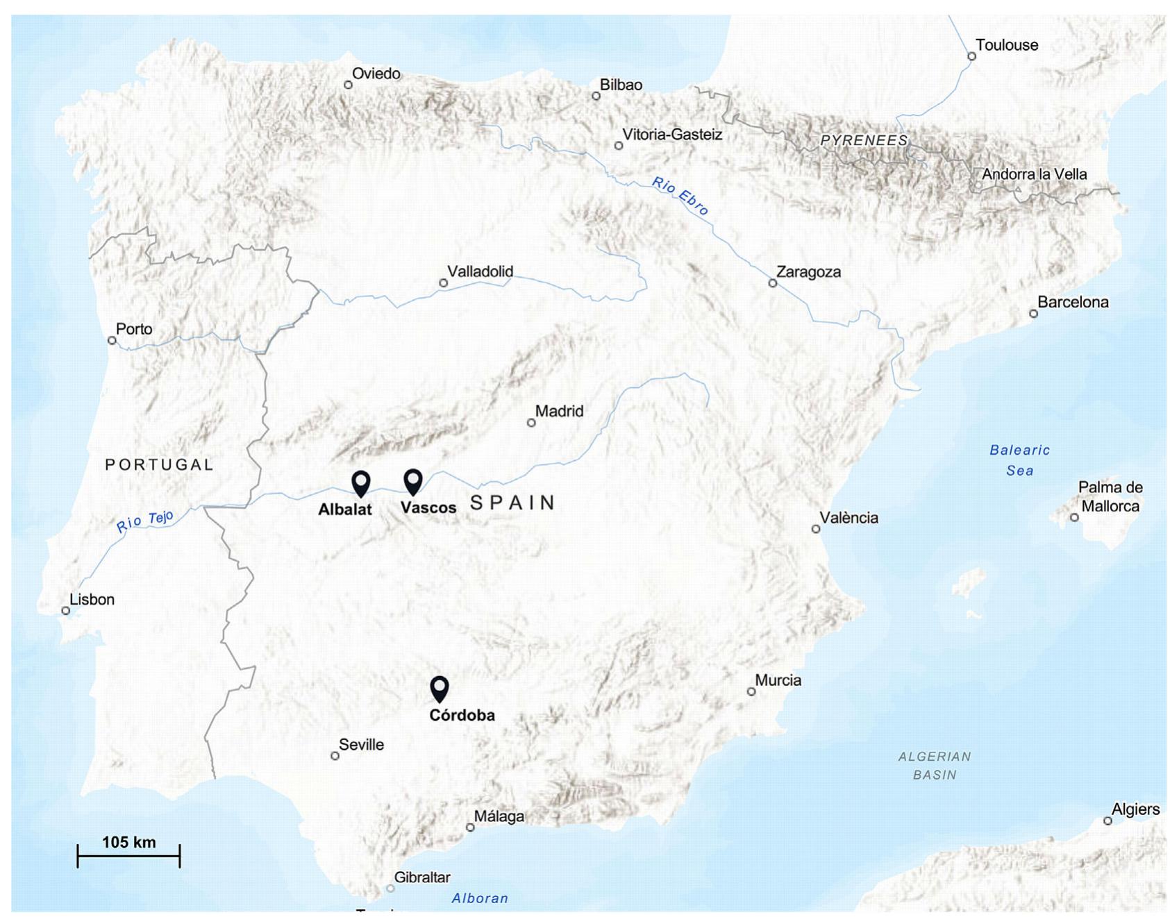 Map of spain showing the location of the two archaeological