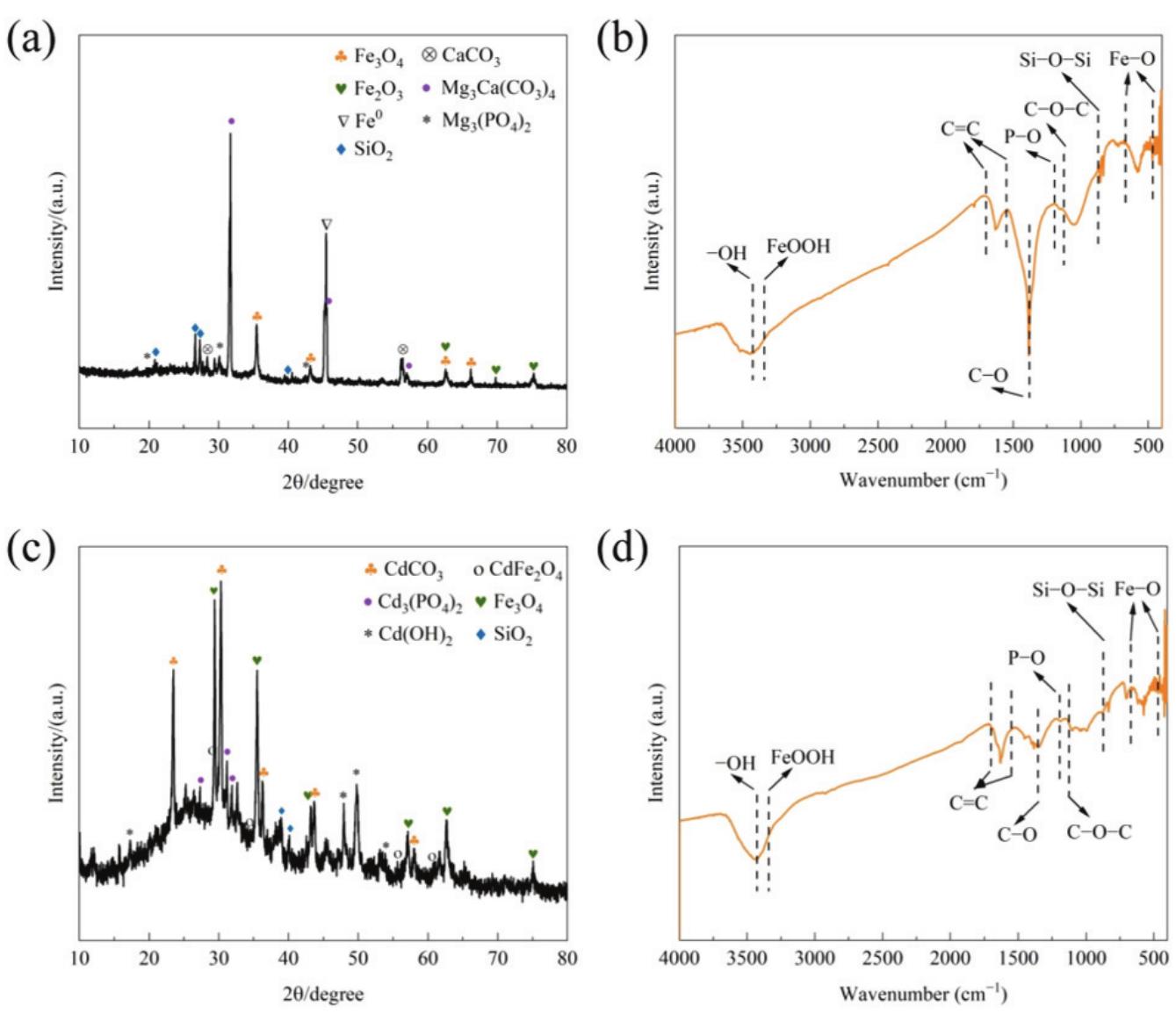 Xrd and ftir spectra of mcb (a,b) and cd(ii)-loaded mcb