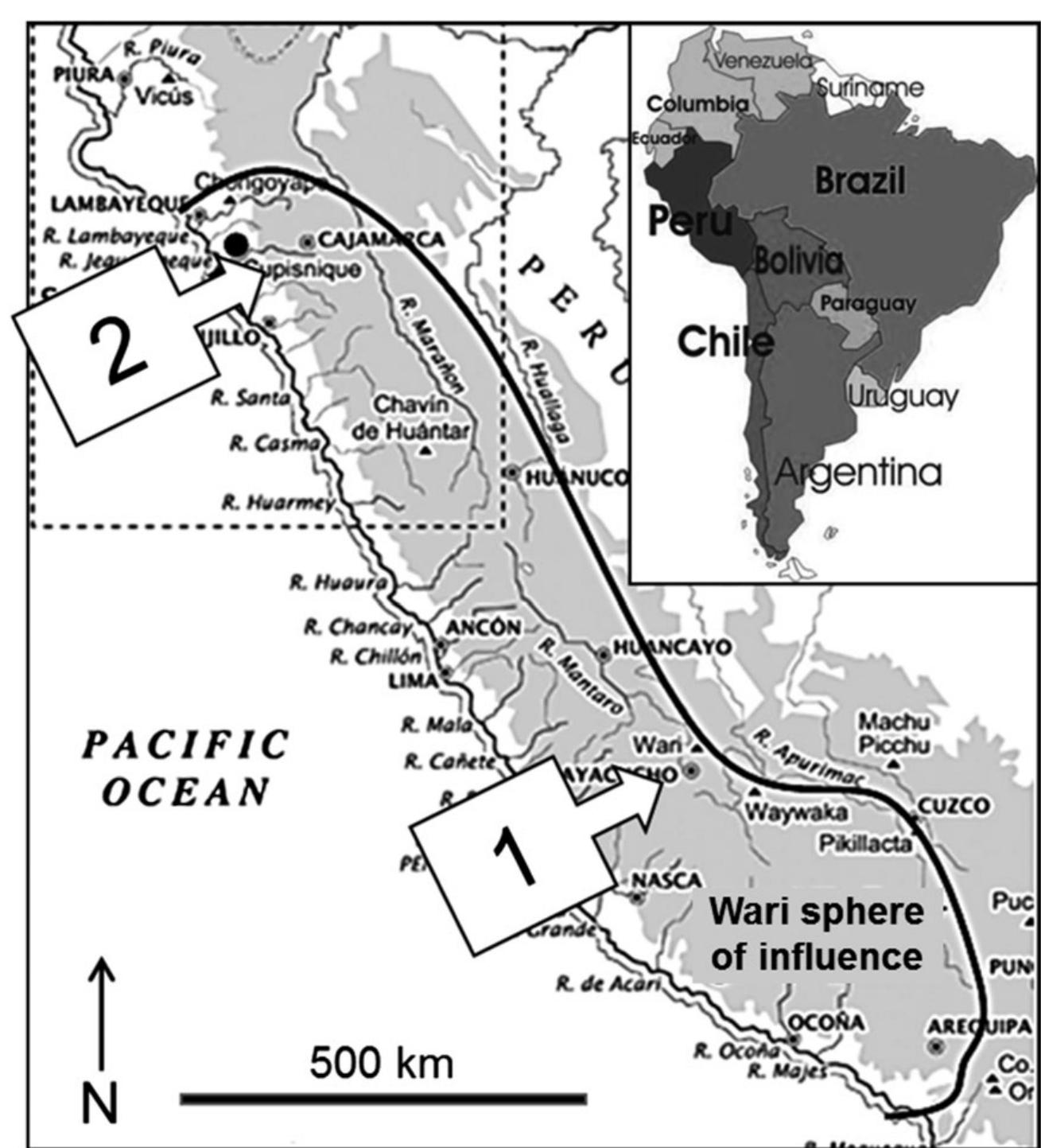 | the excavation sites of the artefacts in peru: 1, wari,