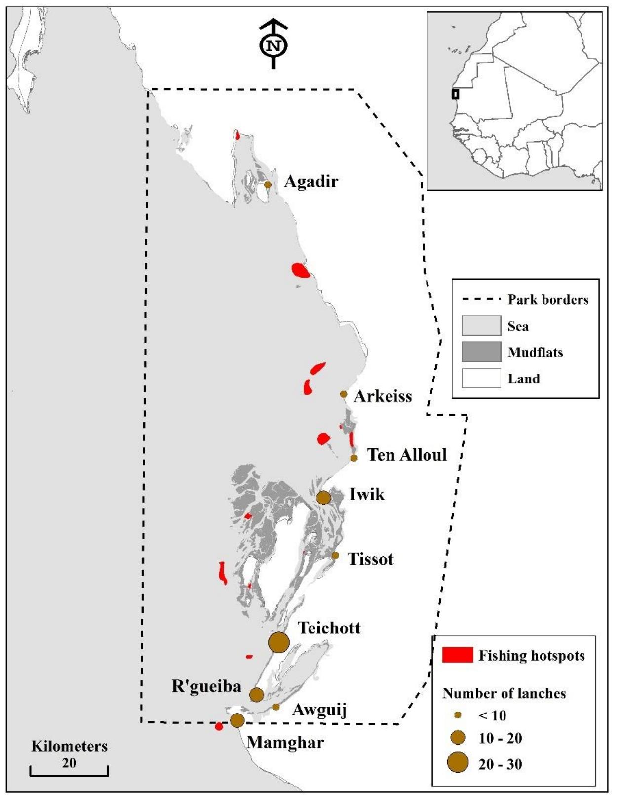 Map showing the positions of banc d’arguin and the nine