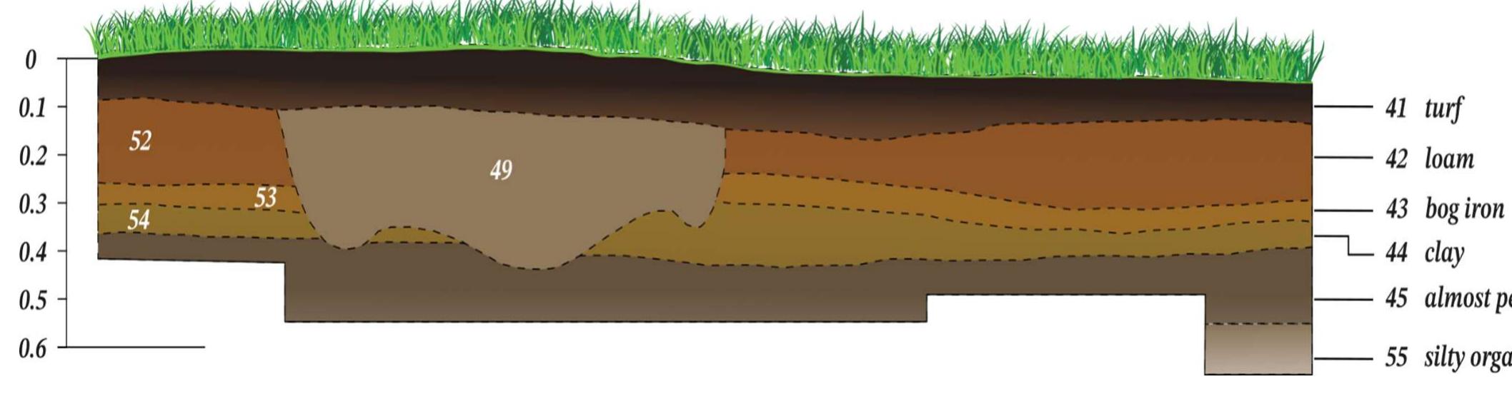 Section drawing of trench 10. facing n. the topsoil (41) was
