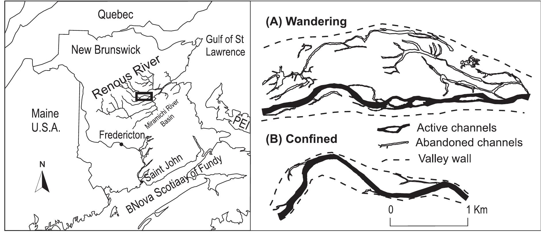 Location map of the renous river study reach. examples of