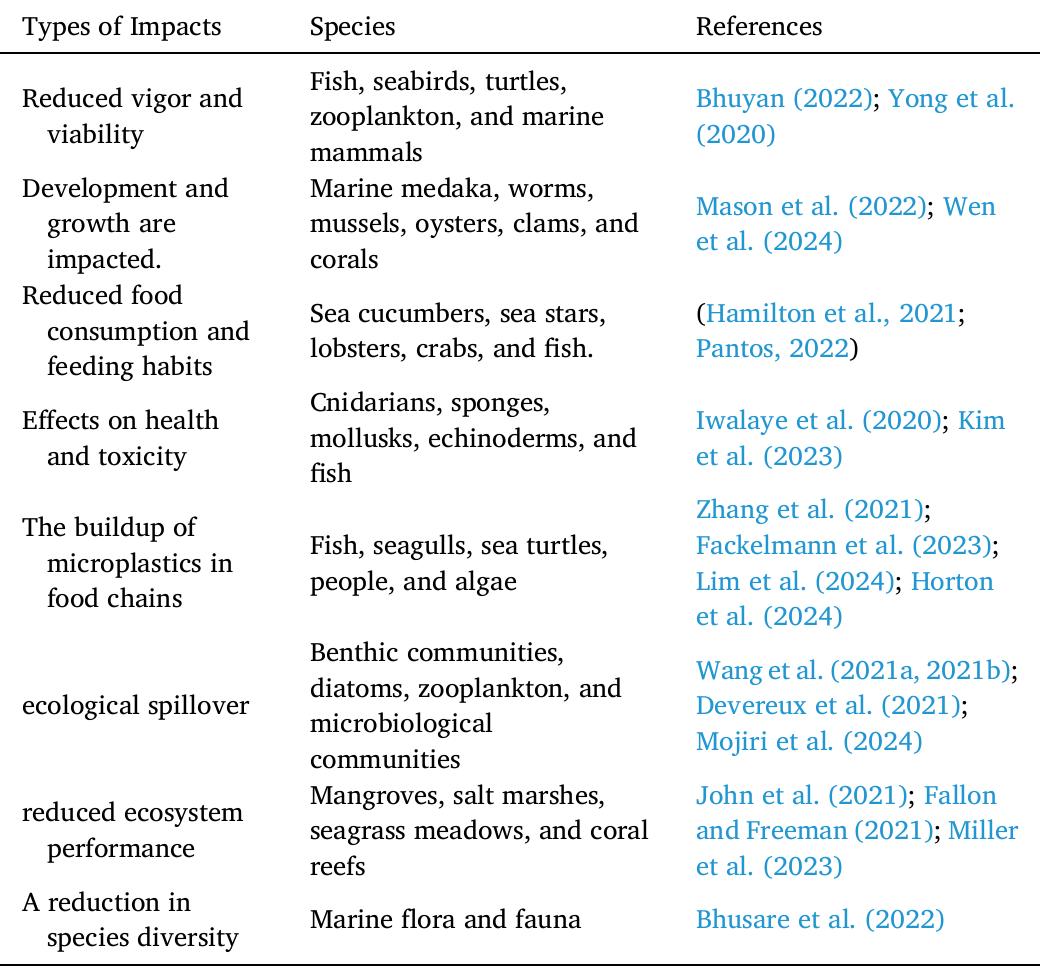 Types of impacts of microplastics in marine environment.