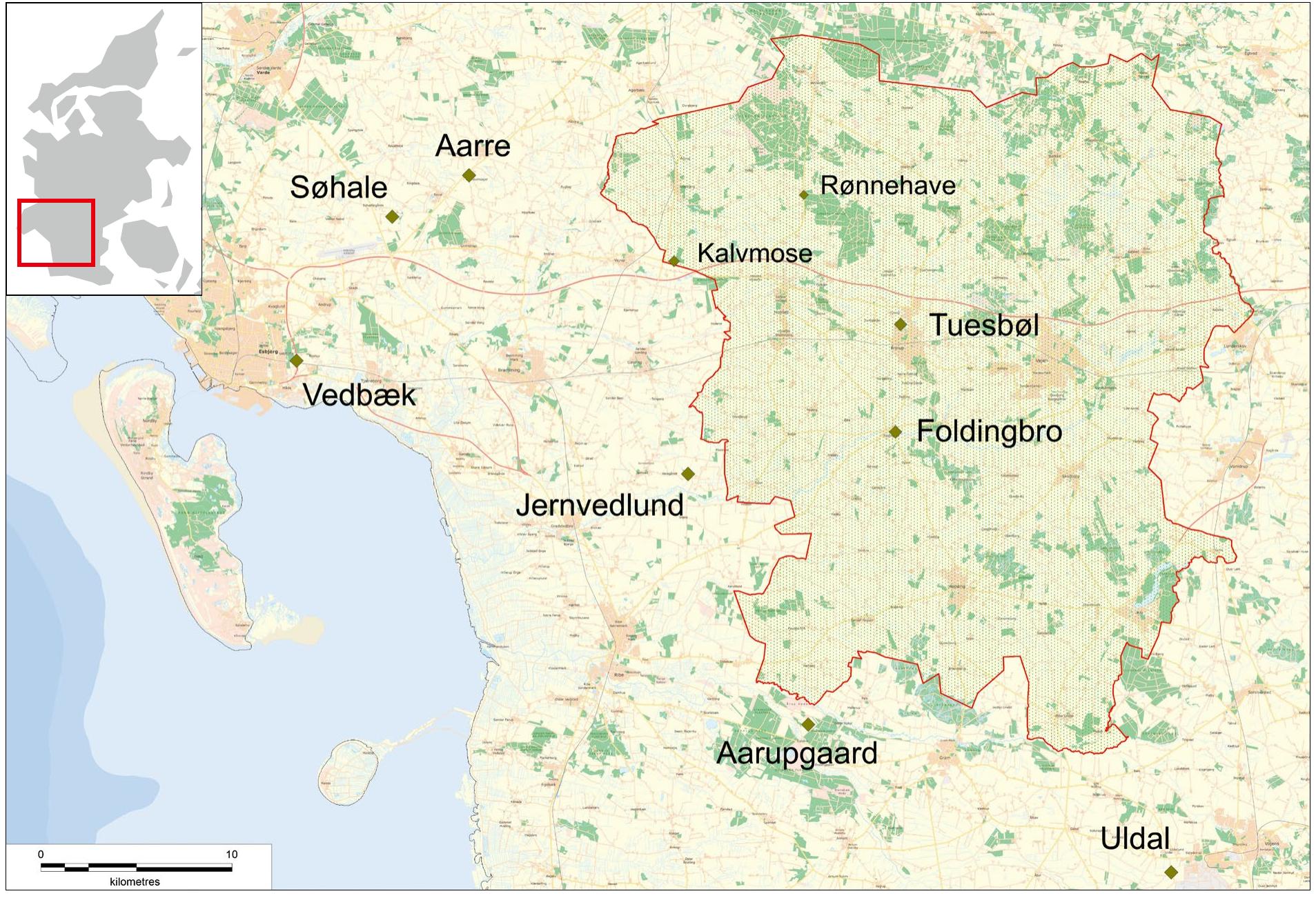 Map of southwestern jutland with vejen municipality shaded