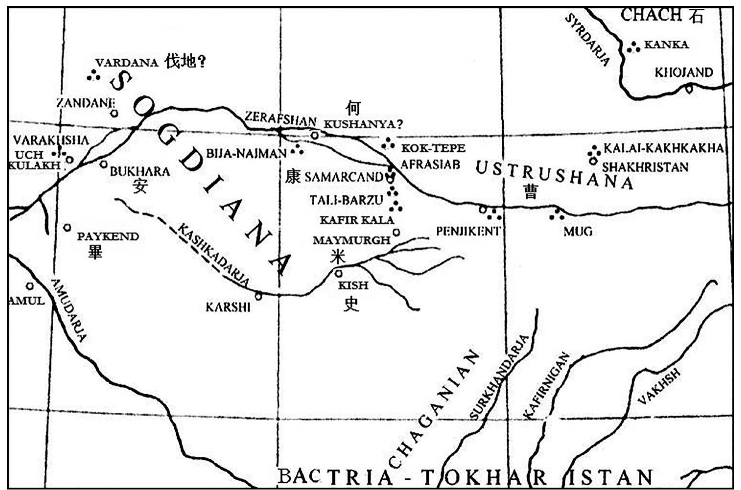 Map of sogdiana and the main sites as recorded in chinese