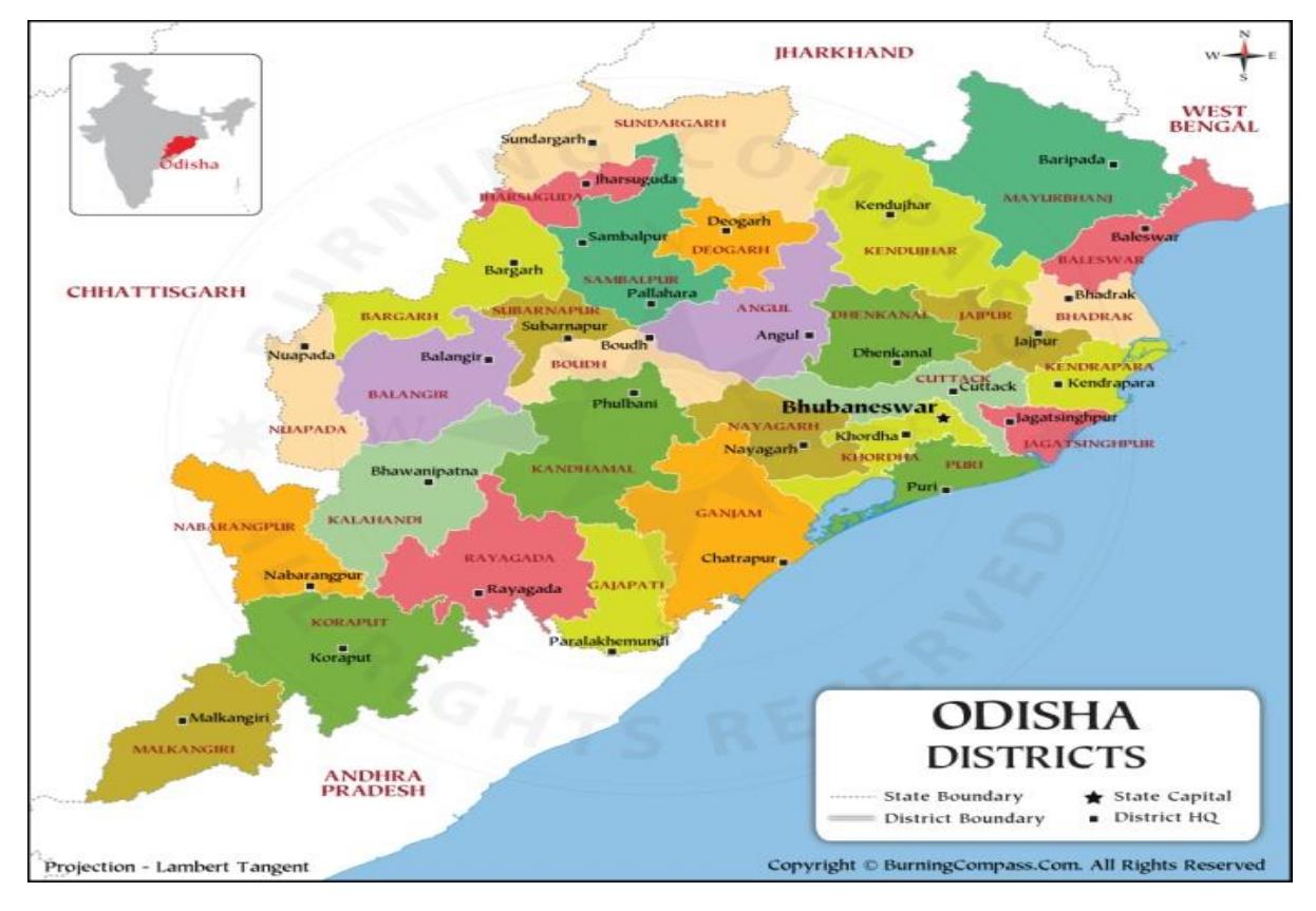 A map of the districts of odisha. into eleven administrative