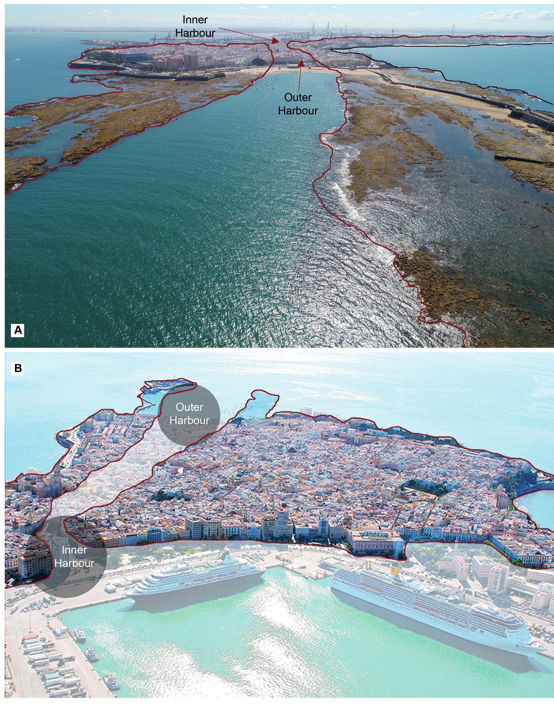 Aerial views of cadiz from the outer sea (a) and from the