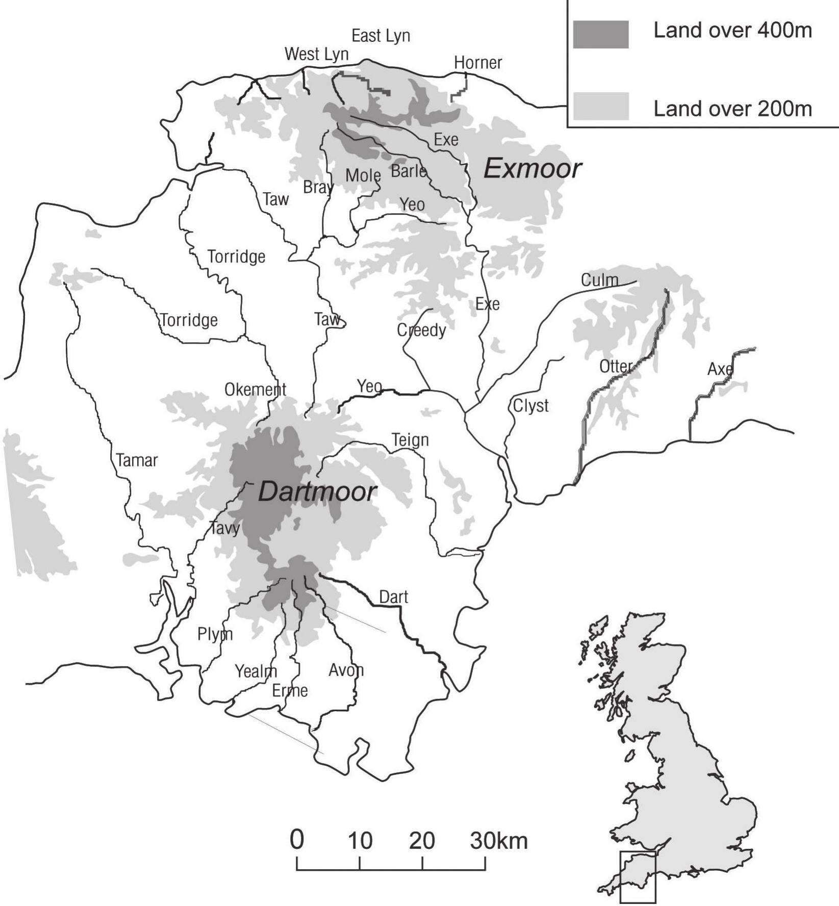 Drainage patterns in devon showing radial drainage from