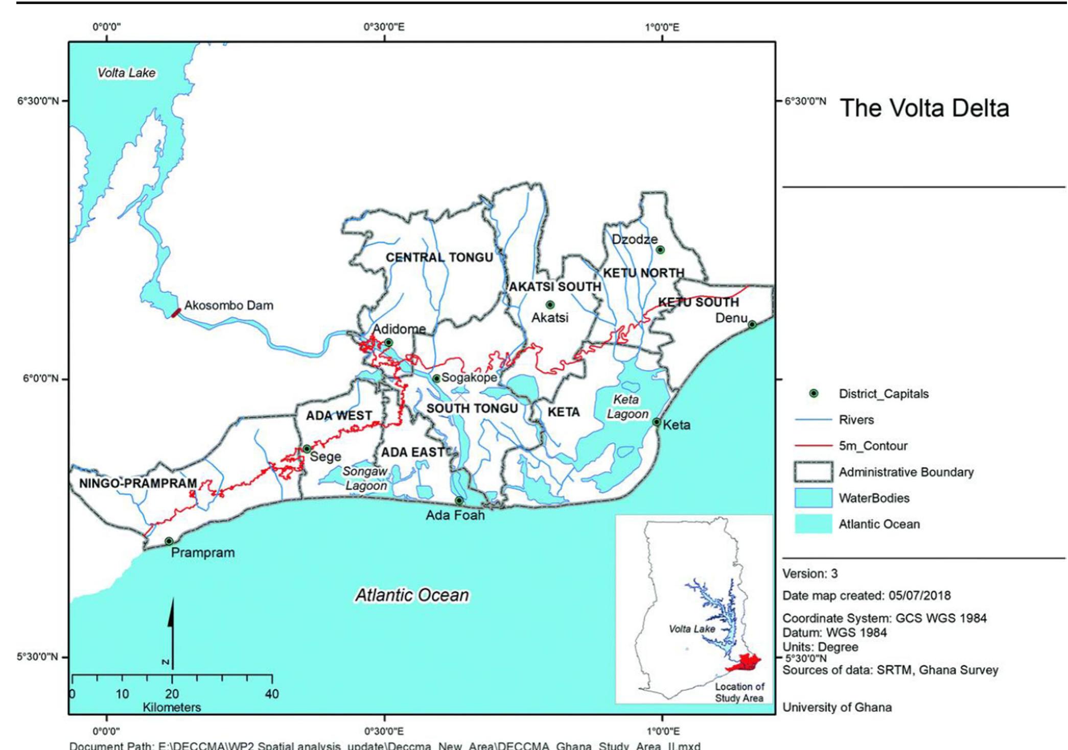 Map of the volta delta area depicting the 5 m contour